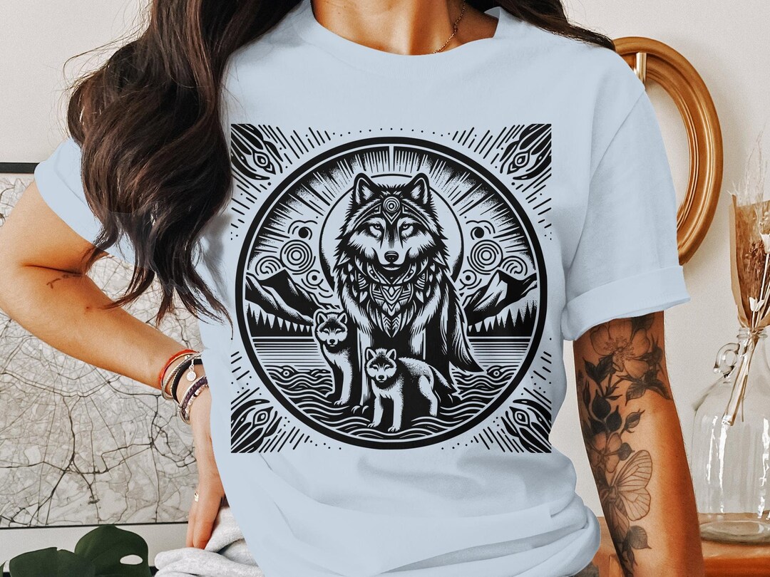 Wolf Family T-shirt, Artistic Wolf and Cubs Design, Nature Lover Shirt ...