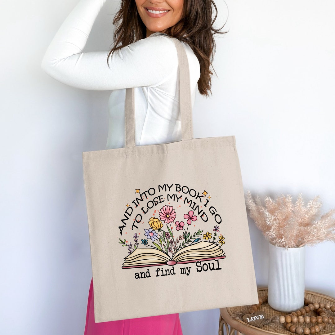 Book Lover Tote Bag , Floral Open Book Quote, Bibliophile Reading Bag ...