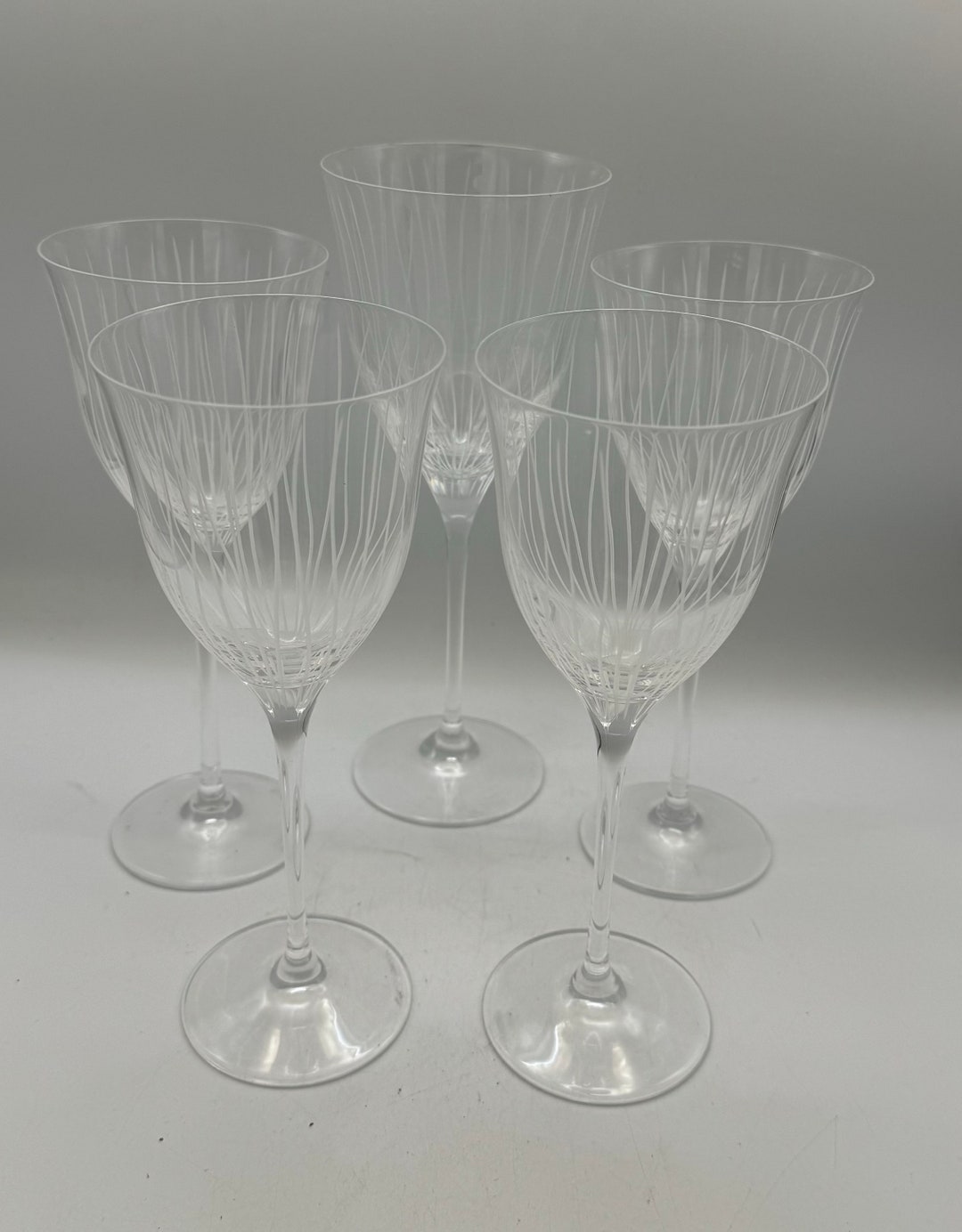 Set 5 Waterford Marquis Crystal Glass Water Goblet Stems Wavy Lines ...