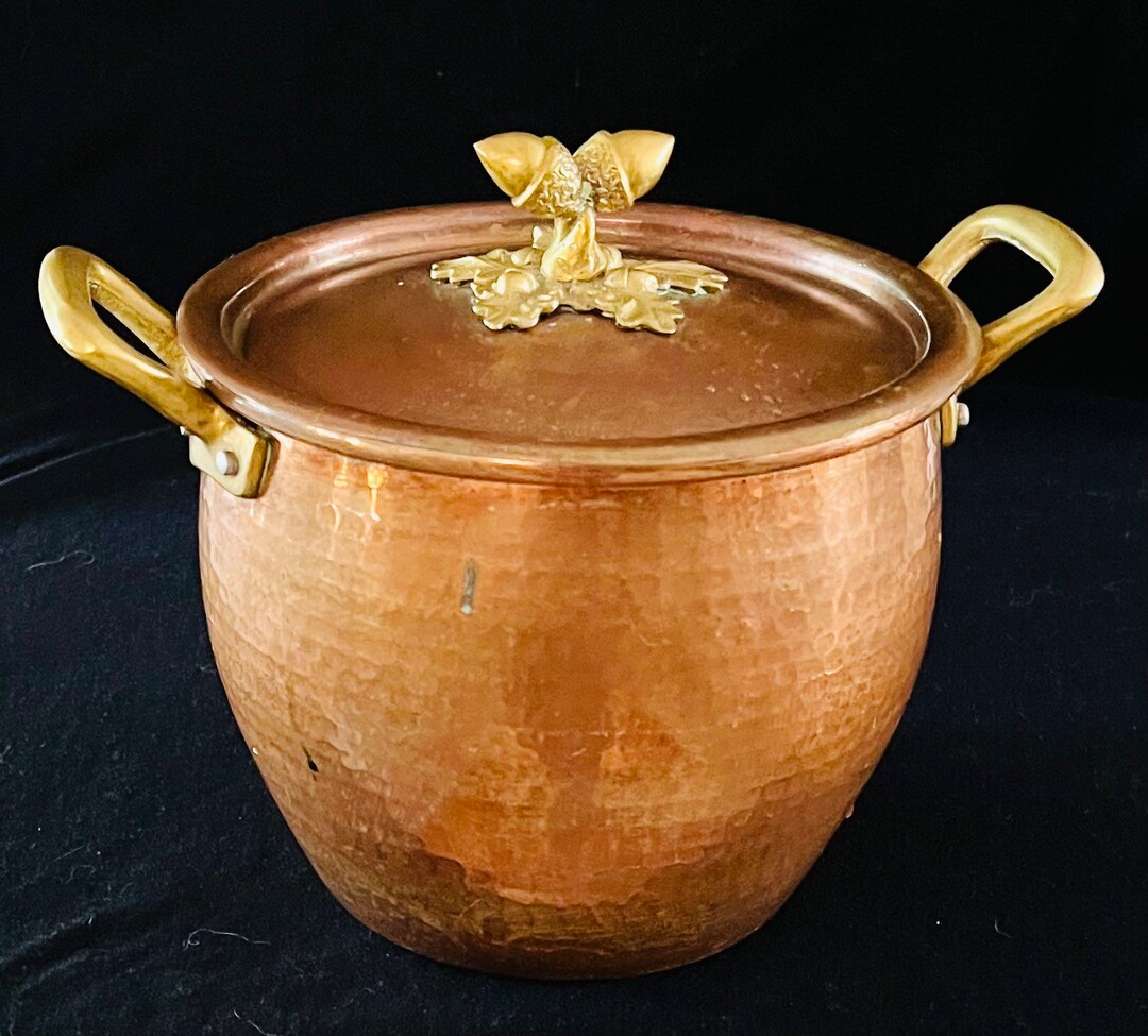 Ruffini Historia Italian Hammered Copper 4.75 Qt Stock Pot Brass Acorn ...