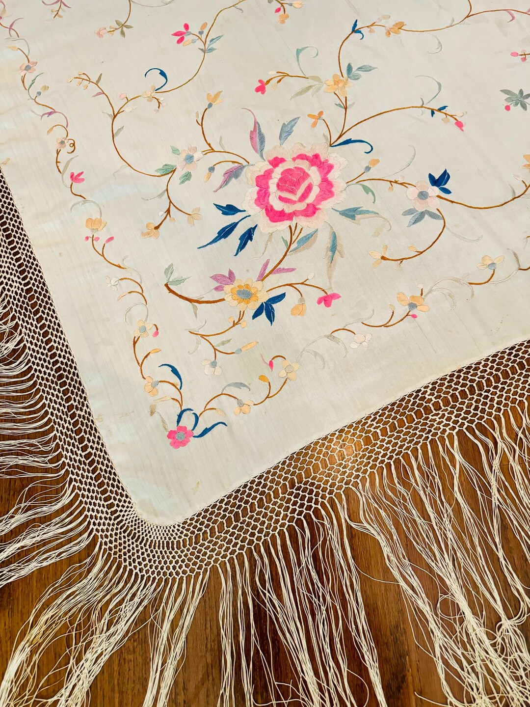 Antique Chinese Cream Silk Floral Embroidered 64” Shawl - Etsy