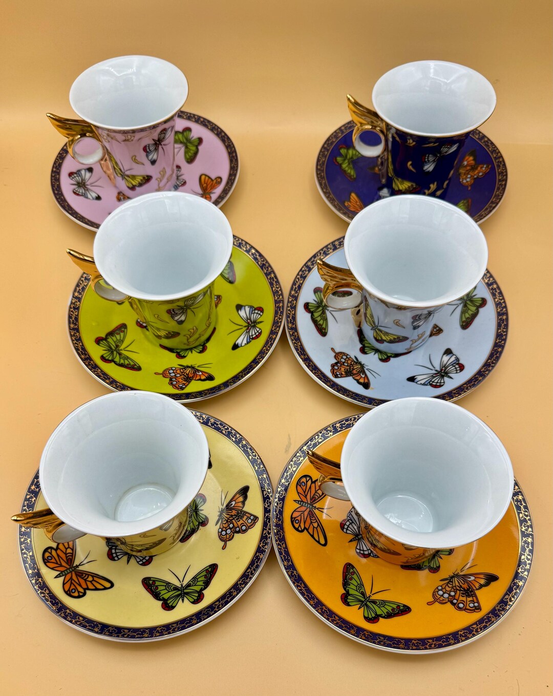 Set 6 Porcelain Butterfly Cups & Saucers Classic Coffee Tea - Etsy