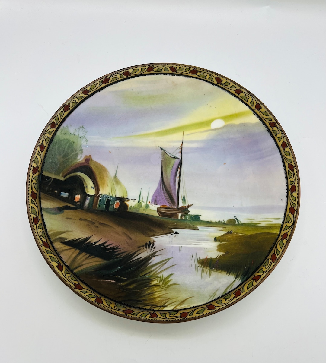 Antique Nippon Handpainted Porcelain Beaded 10” Plaque Wall Plate Asian ...