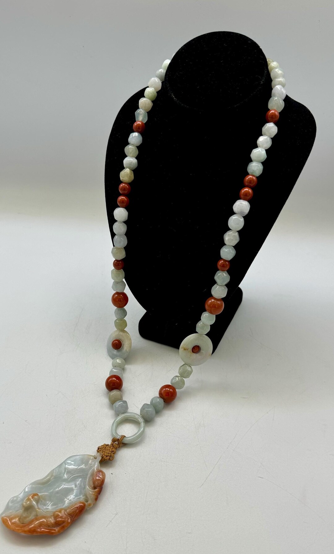 Vintage Chinese Green Russet Jade Pendant Beaded Necklace - Etsy