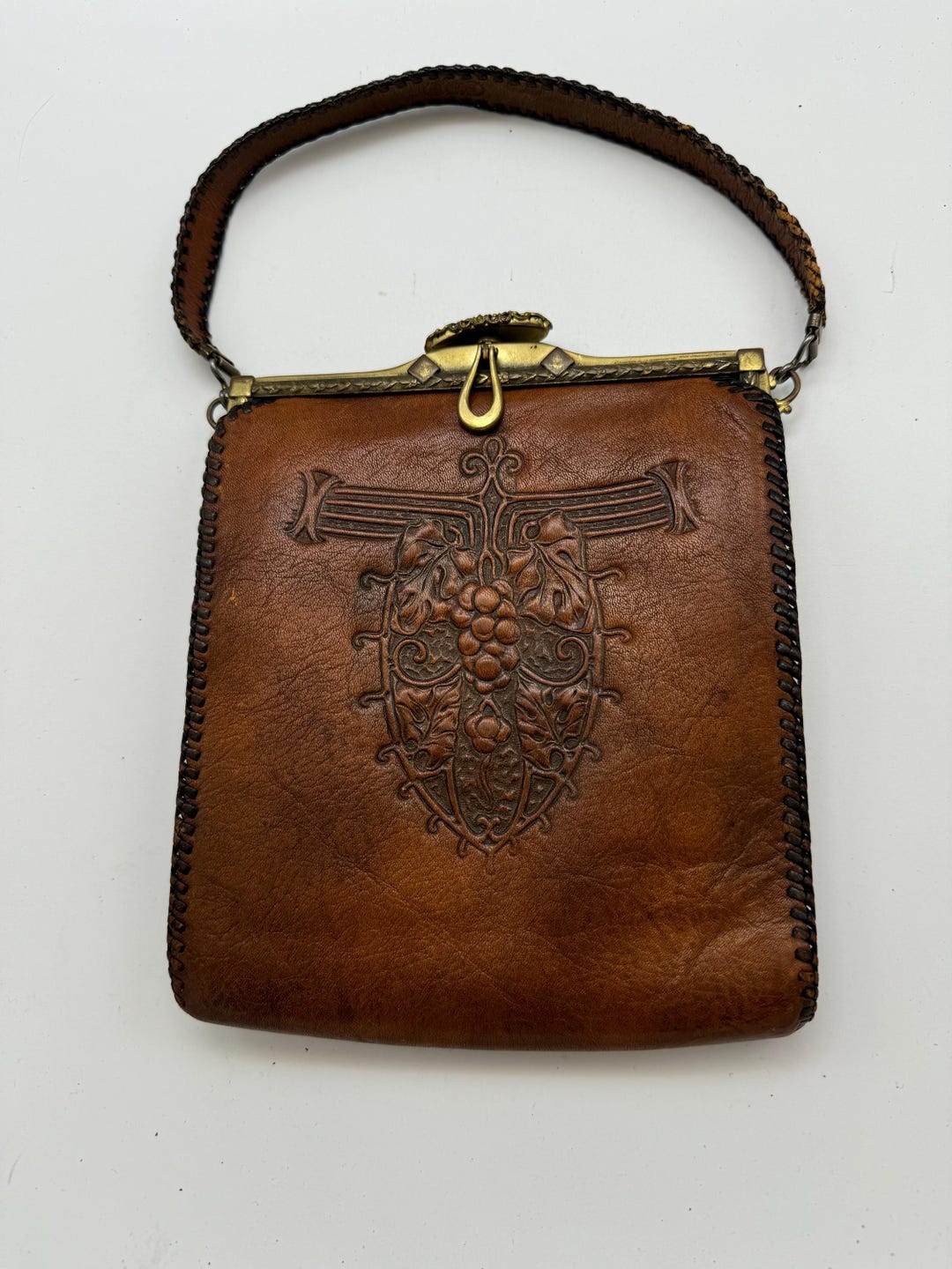 Antique Art Nouveau 1917 Embossed Grapes & Vines Leather Handbag Purse ...