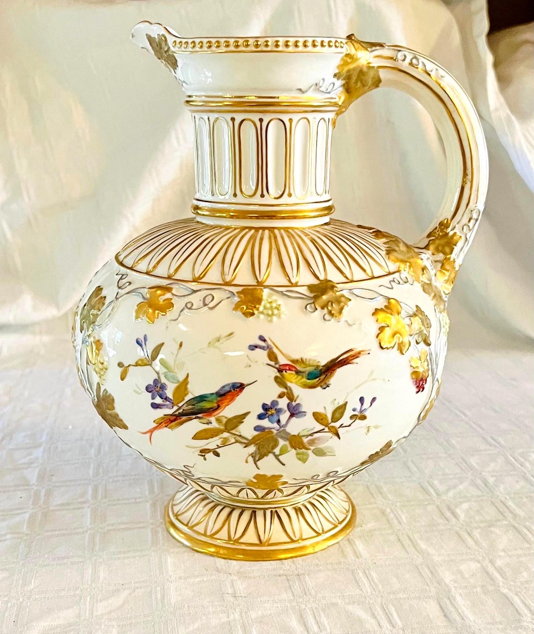 Antique Crown Derby Porcelain Pitcher: Hand-painted Birds, Grapevine ...