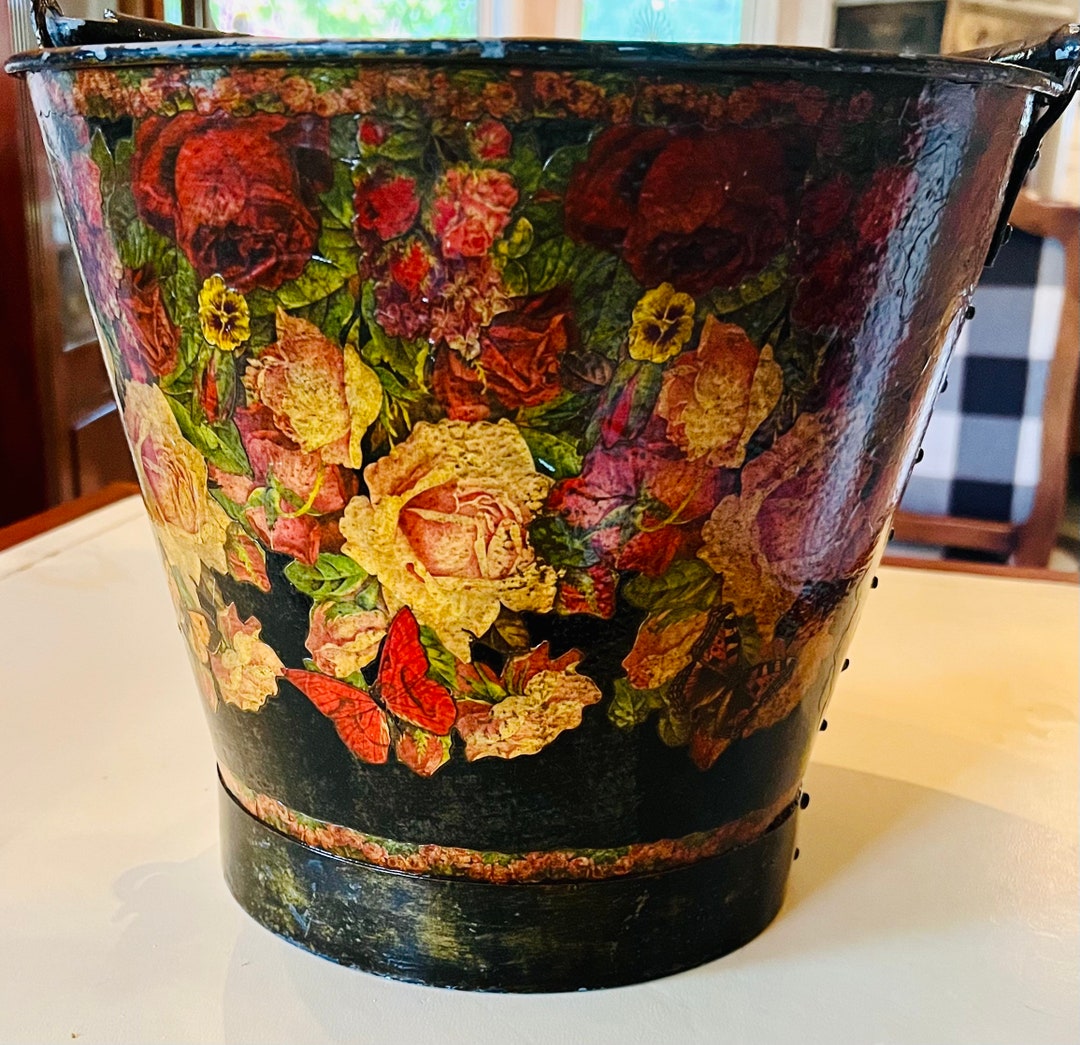 Wonderful Antique Victorian Large Decoupage Roses Pansys Metal Bucket ...