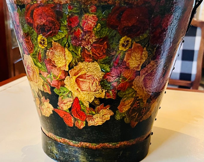 Antique Victorian Decoupage Metal Bucket: Roses & Pansies Floral Pail ...