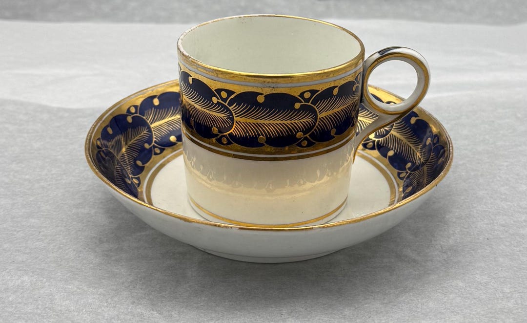 Antique English Soft Paste Porcelain Blue Gold Feathers Cup & Saucer - Etsy