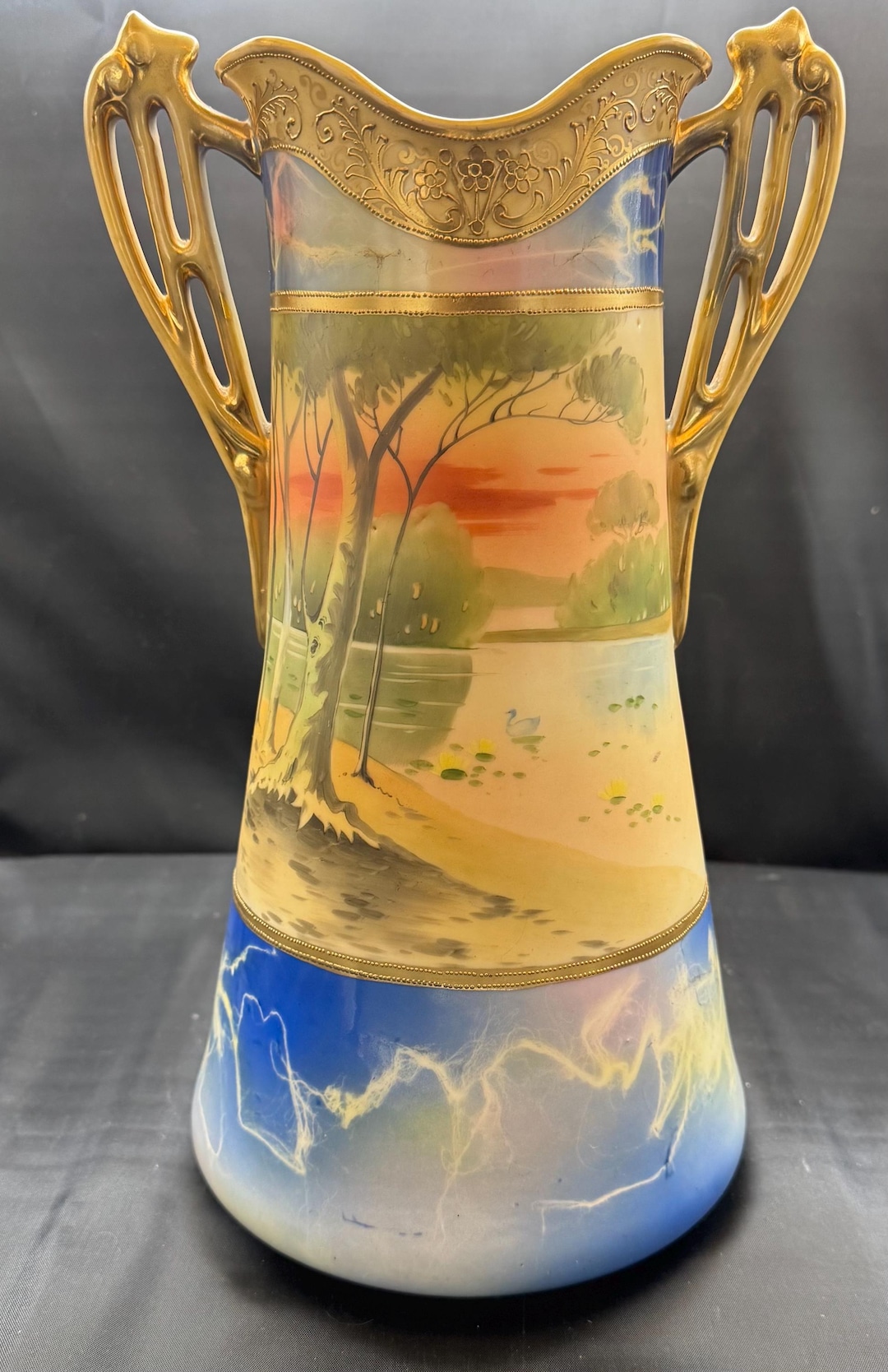 Antique 13” Nippon Maple Leaf Porcelain Scenic Gold Trim Vase - Etsy