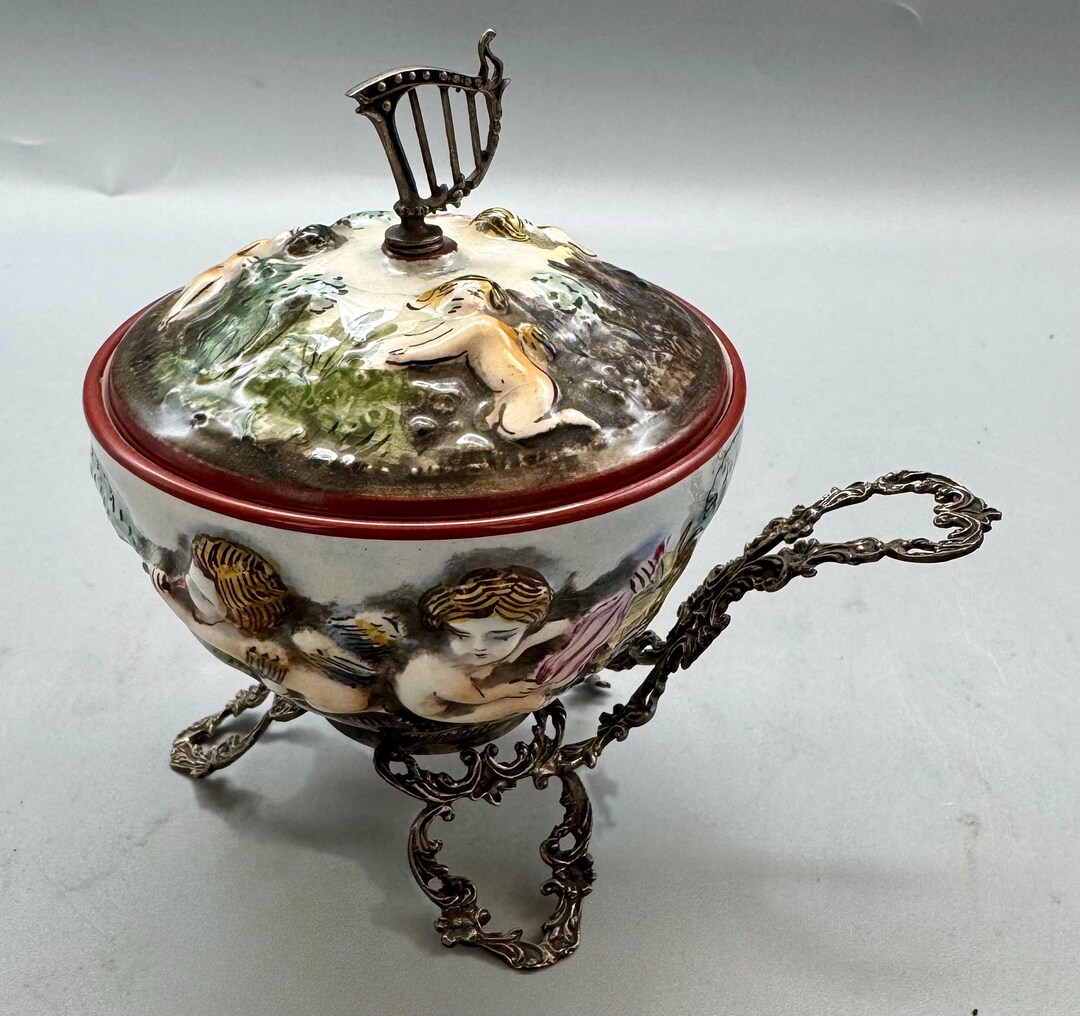 Antique Naples Capodimonte Cherubs Porcelain 800 Silver Covered Jar ...