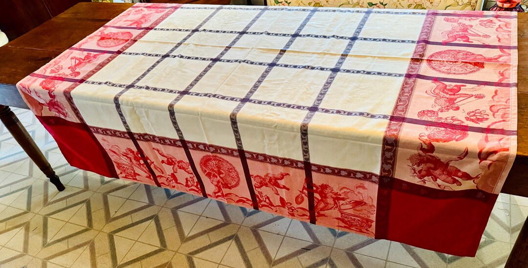 Vintage Le Jacquard Francais 68” Square Xmas French Provincial Red ...