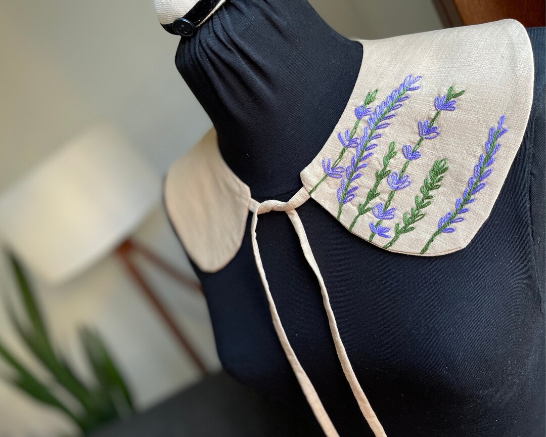 Brown Linen Collar, Women Detachable Collar, Floral Hand Embroidered ...