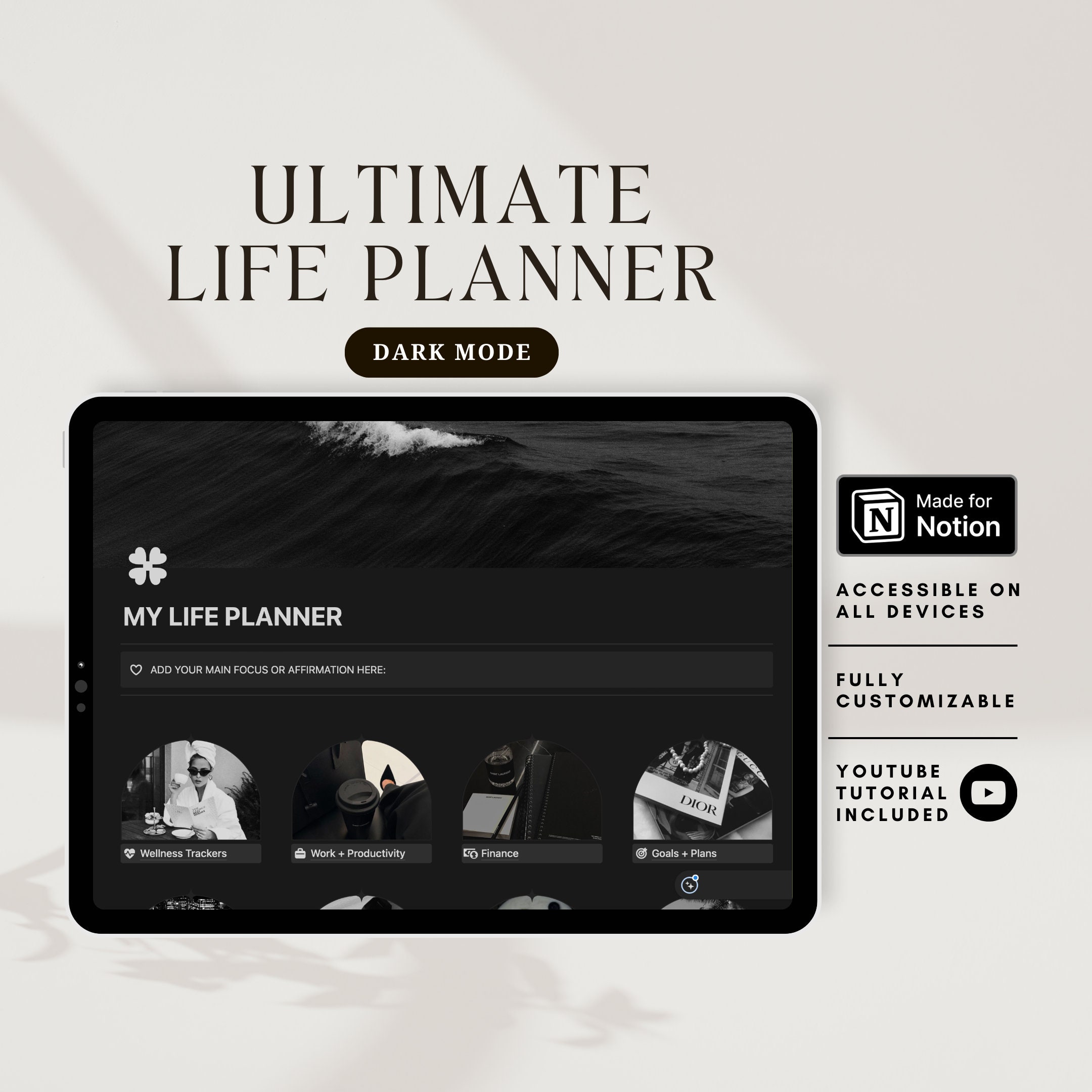 Notion Planner Dark, Ultimate All in One Notion Life Planner, Dark Mode ...