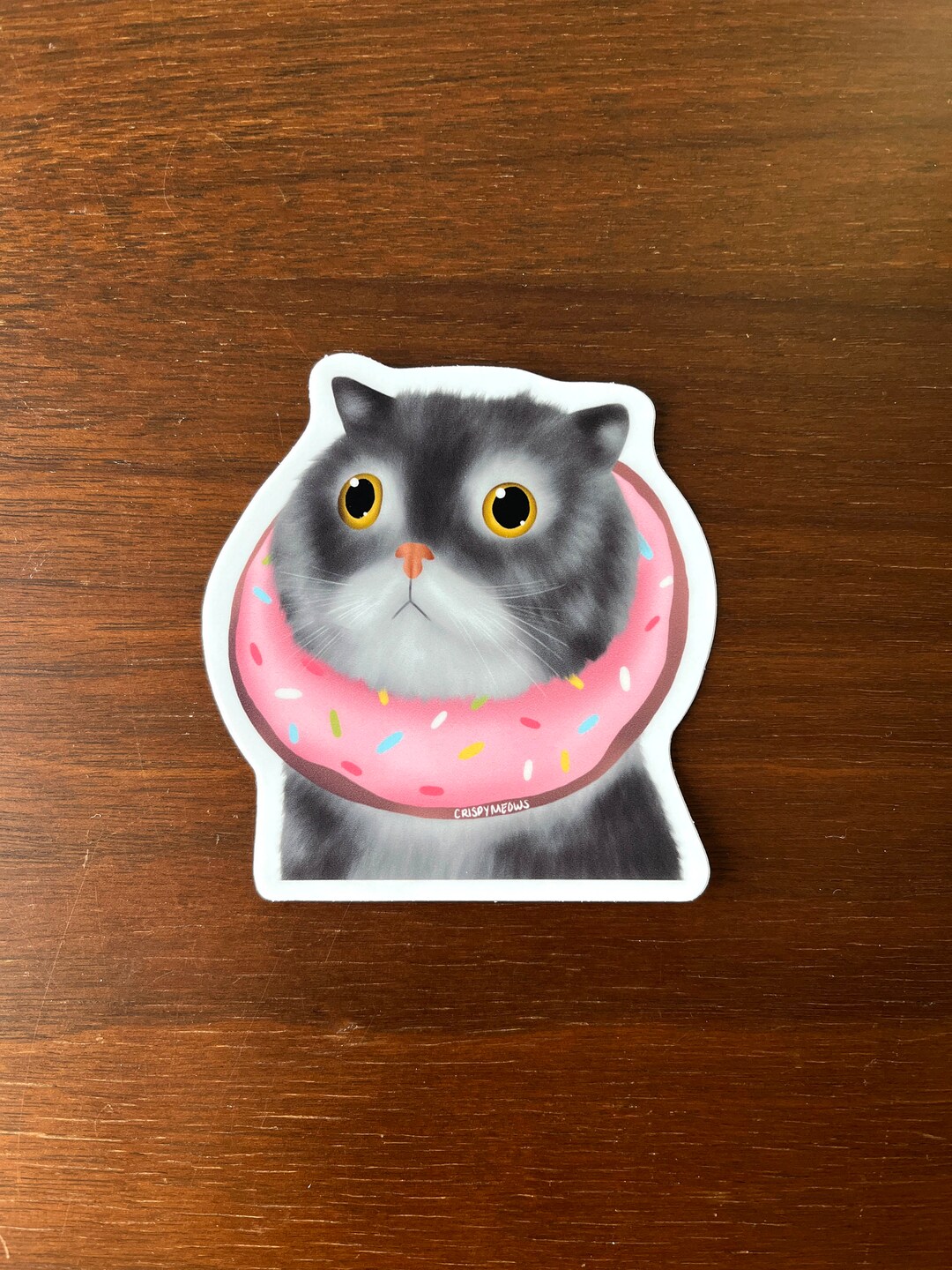 Donut Cat Waterproof Sticker, Gray & White Cat, Laptop or Water Bottle ...