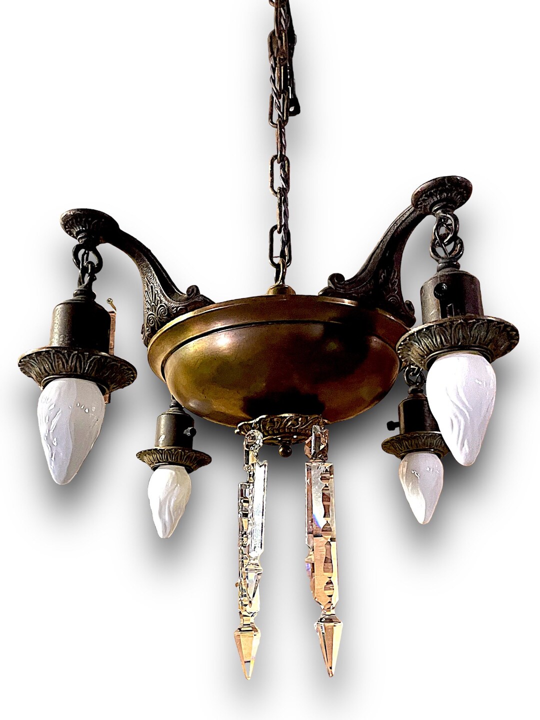 Vintage/antique Art Deco 4 Light Hanging Ceiling Chandelier/ Bronze ...