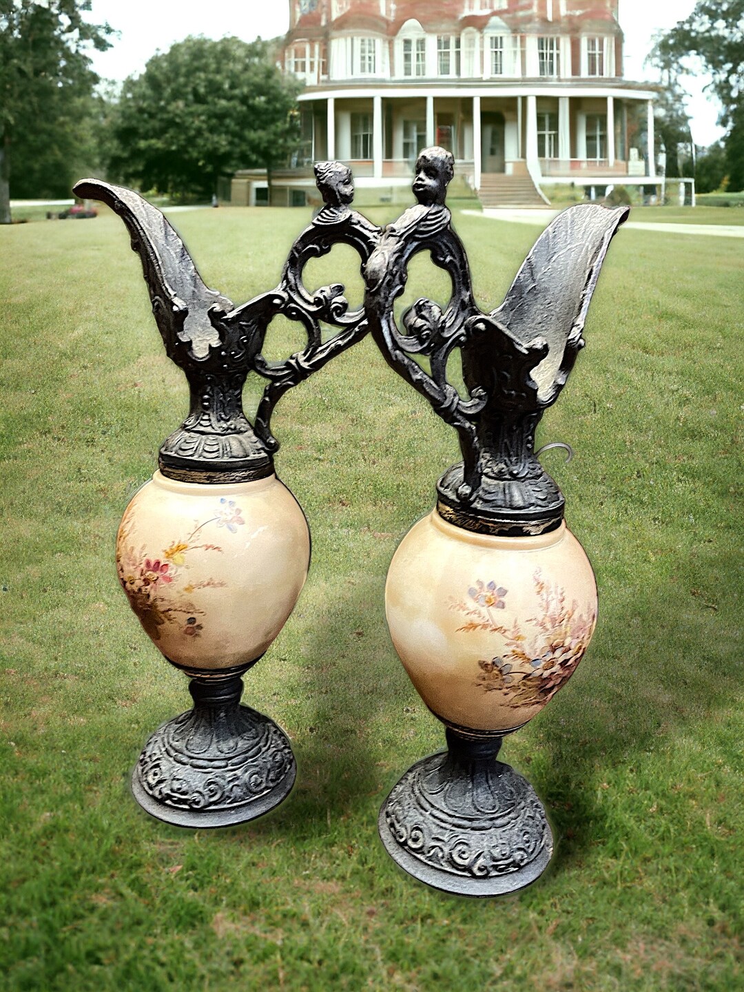 Vintage Wavecrest/victorian Ewer Pitcher Vase Pair/brass/patina Flora ...
