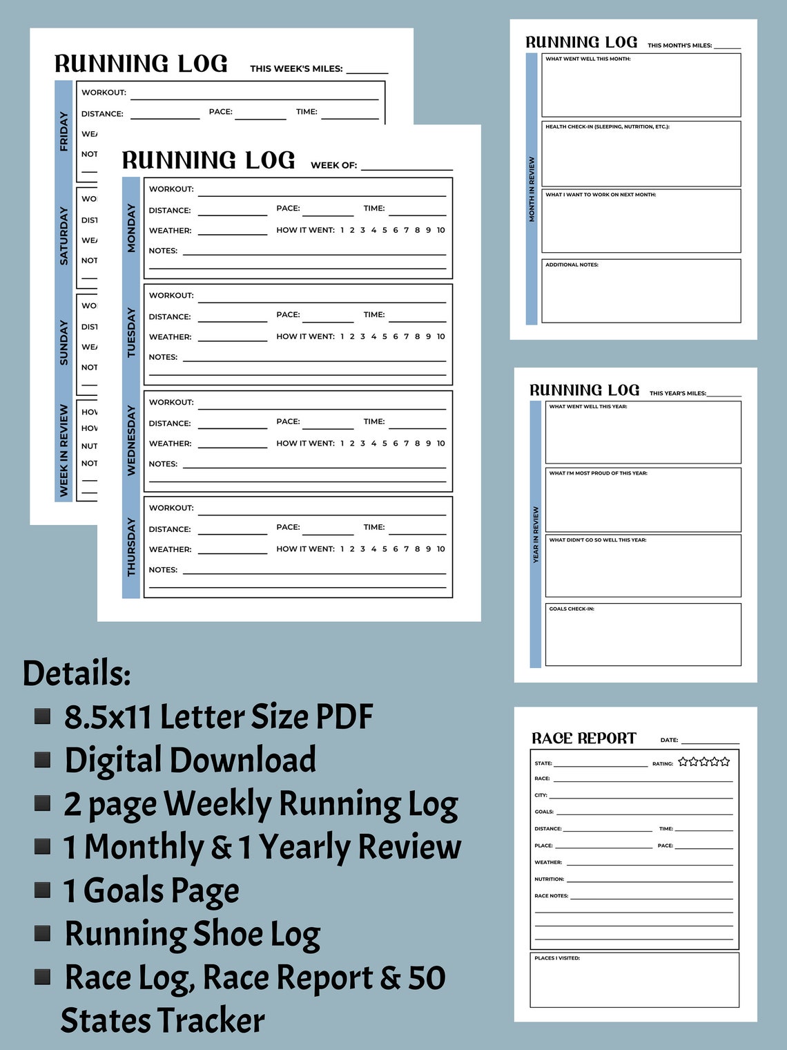 Printable Weekly Running Log Bundle With Bonus Trackers for Goals ...