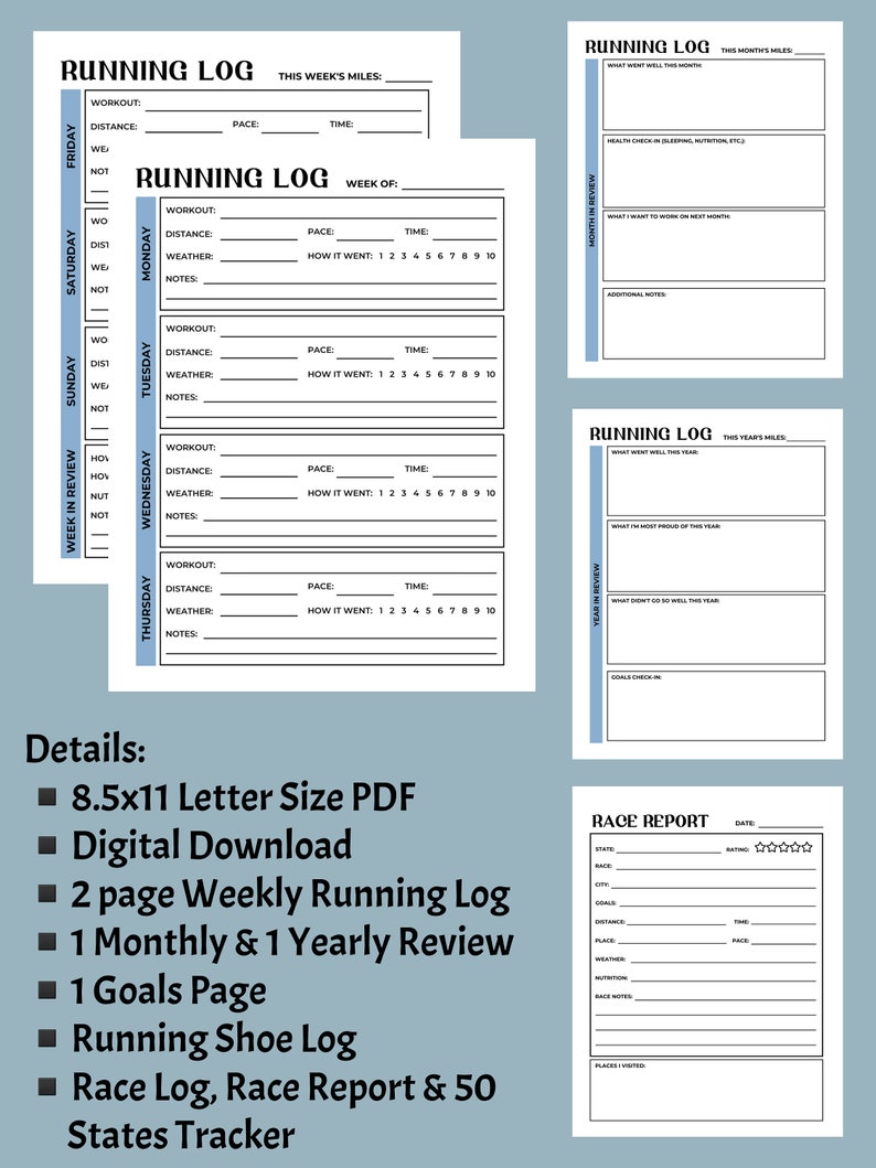 Printable Weekly Running Log Bundle With Bonus Trackers for Goals ...
