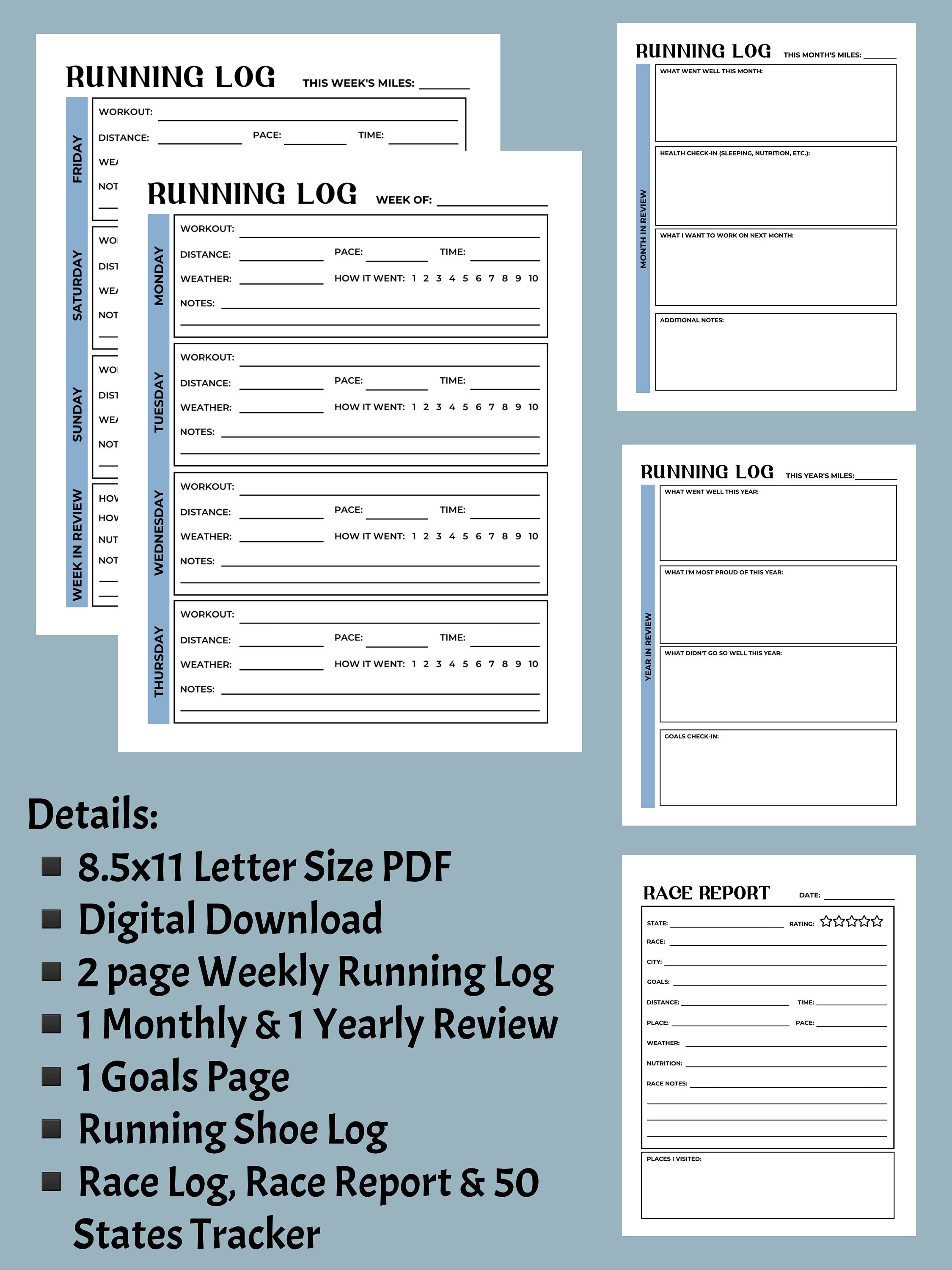 Printable Weekly Running Log Bundle With Bonus Trackers for Goals ...
