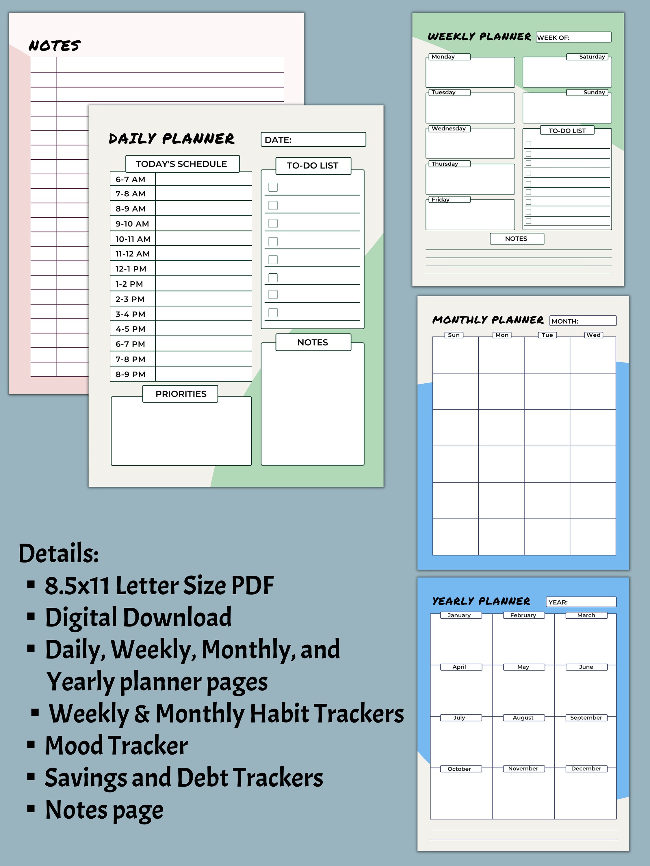 Printable Undated Daily Weekly Monthly Planner Digital Bundle With ...