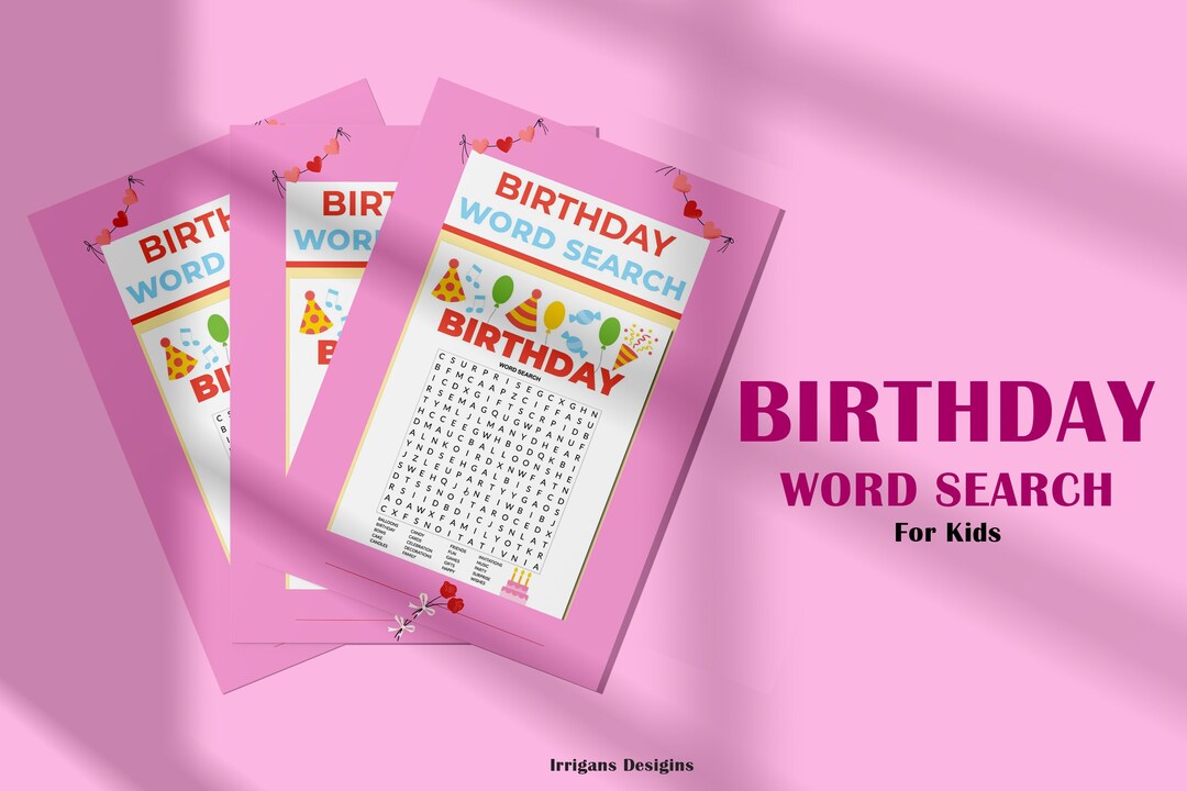 Birthday Word Search for Kids, Digital Printable Birthday Games ...