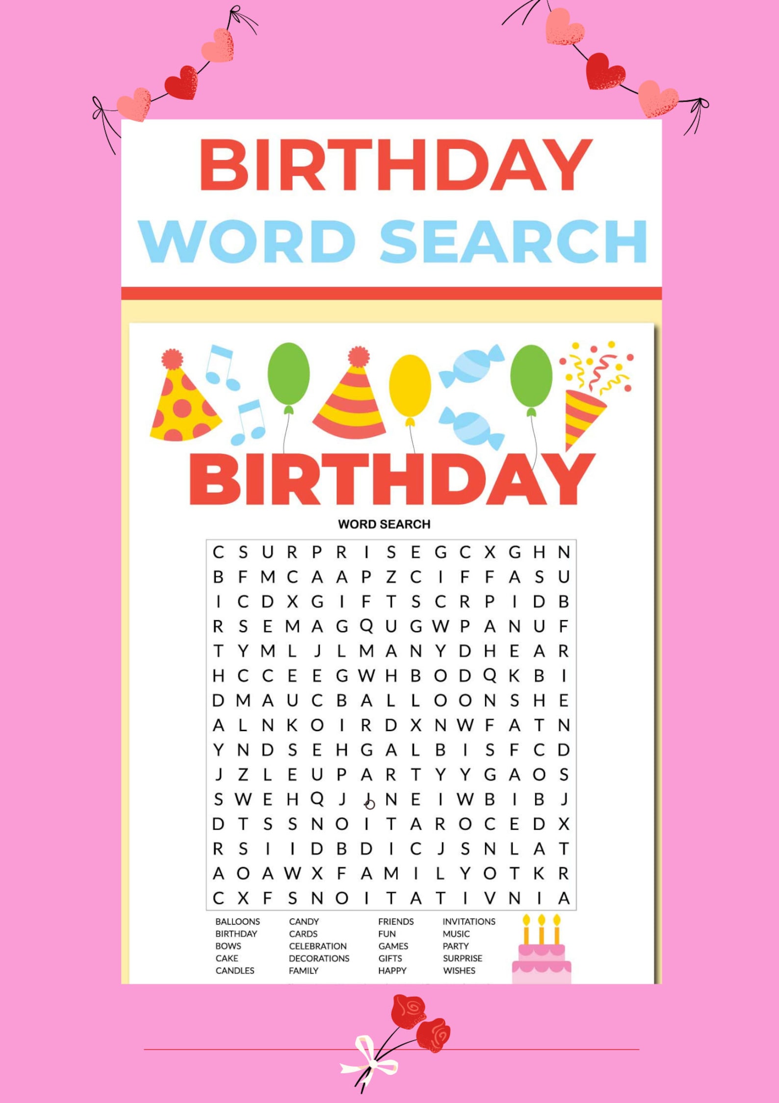 Birthday Word Search for Kids, Digital Printable Birthday Games ...
