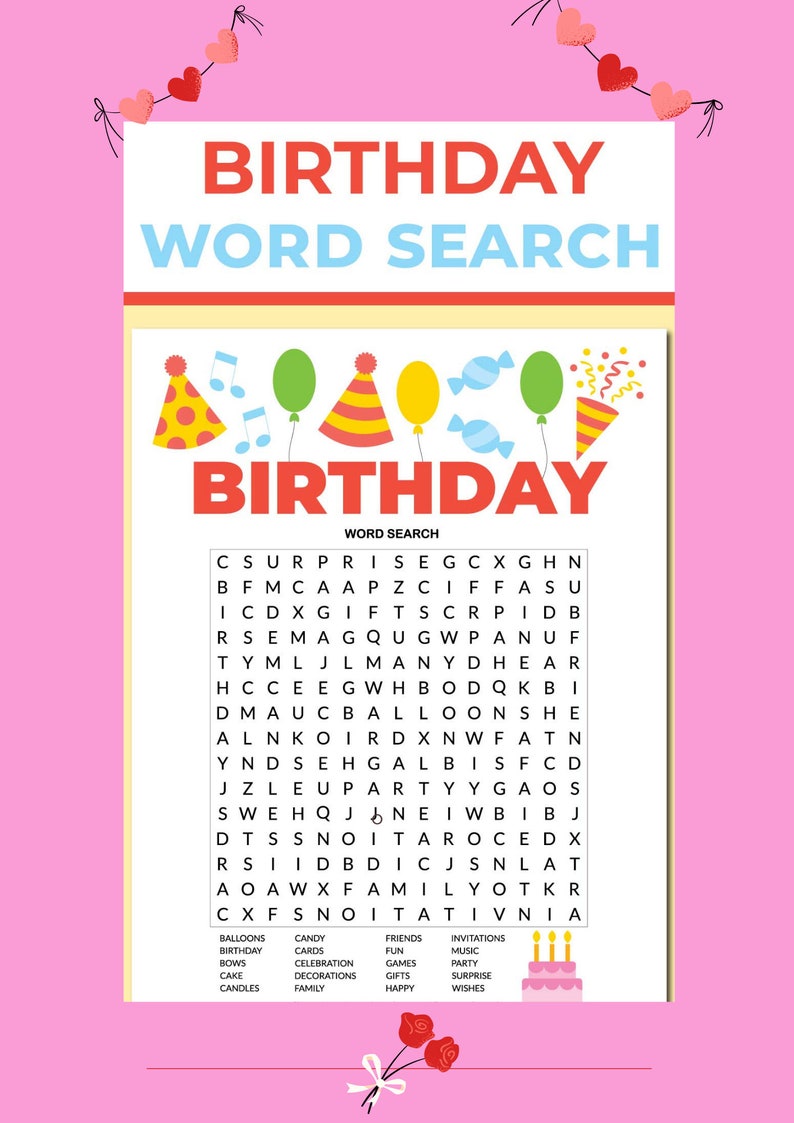 Birthday Word Search for Kids, Digital Printable Birthday Games ...