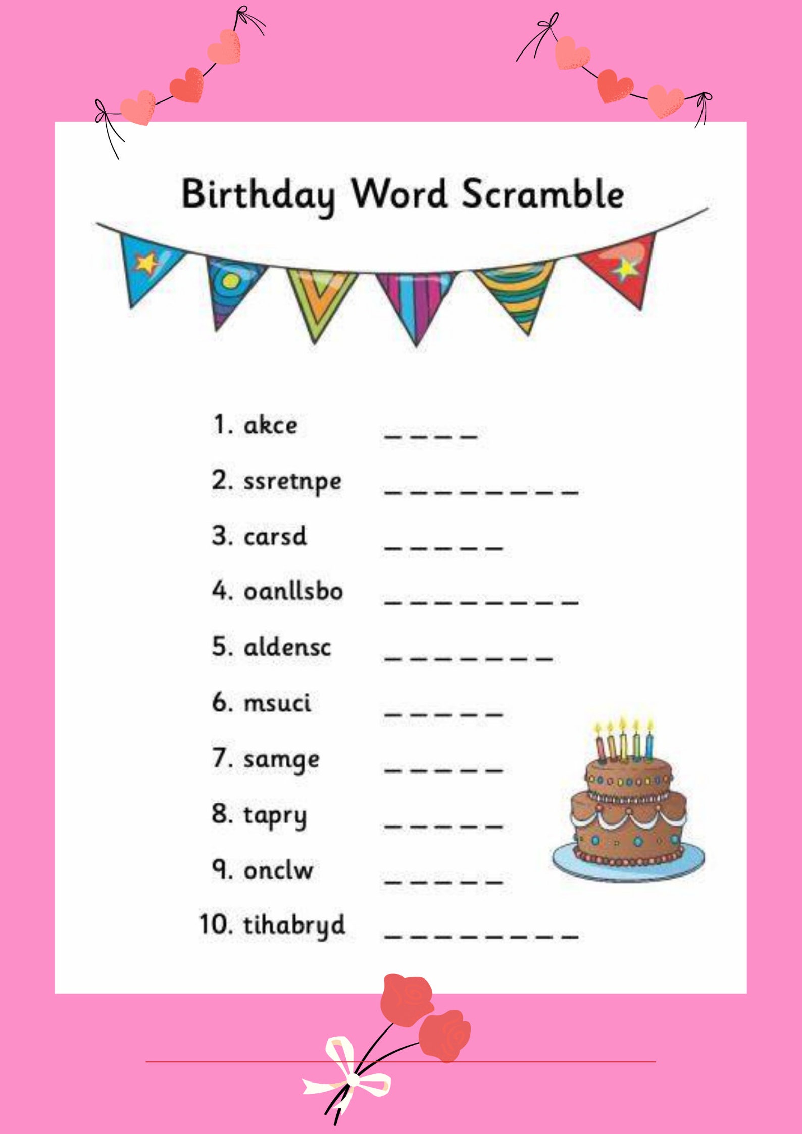 Birthday Word Scramble for Kids, Scramble Cards Printable, Digital ...