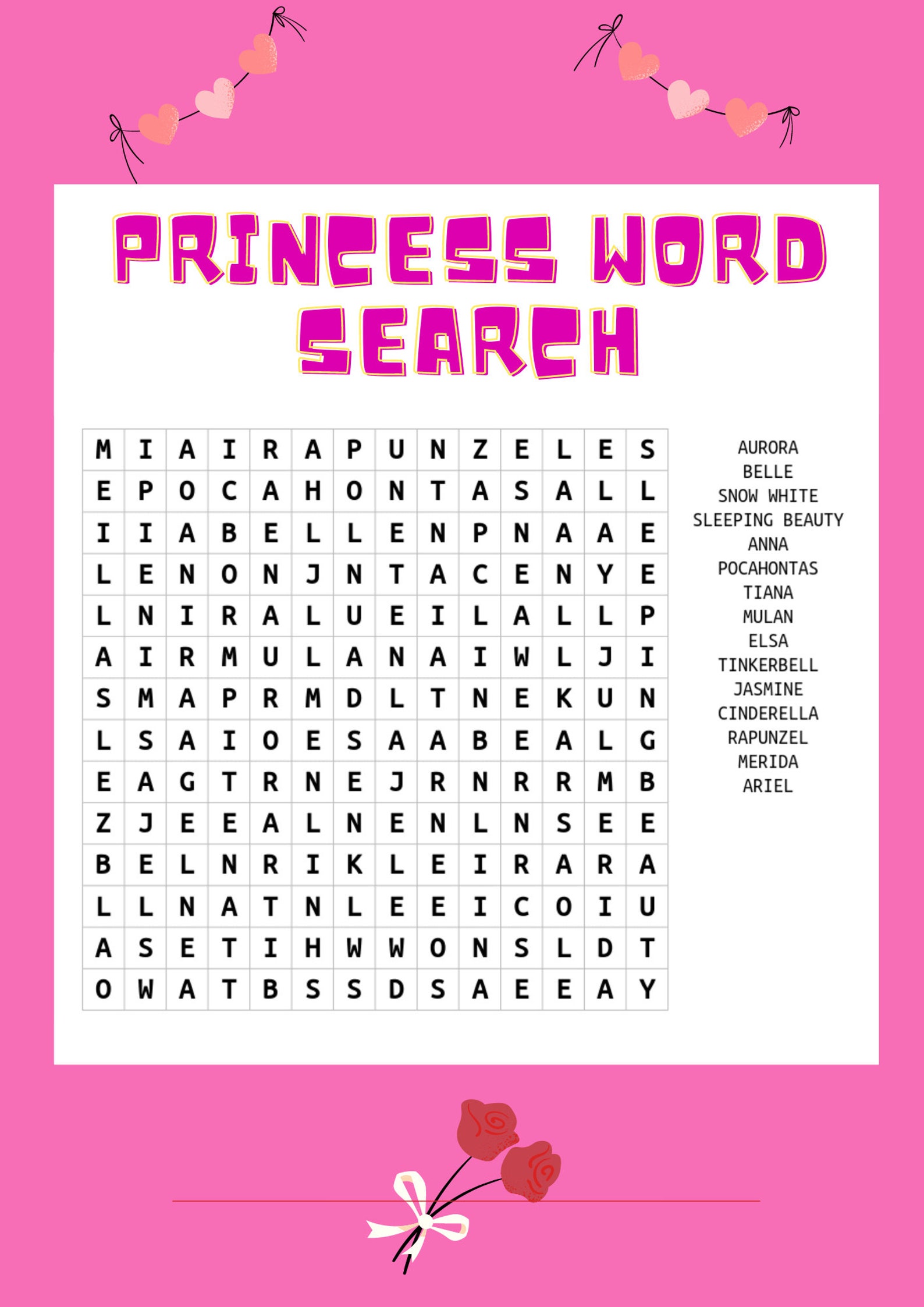 Princess Word Search for Kids, Printable Cards, Digital Printable ...