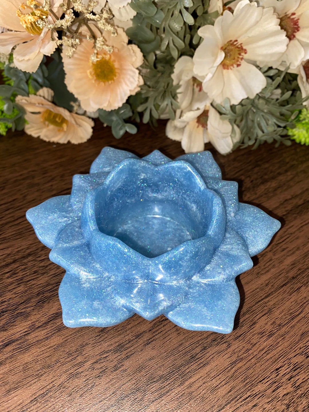 Sparkling Light Blue Lotus Flower Flameless Tea Light Candle Holder - Etsy
