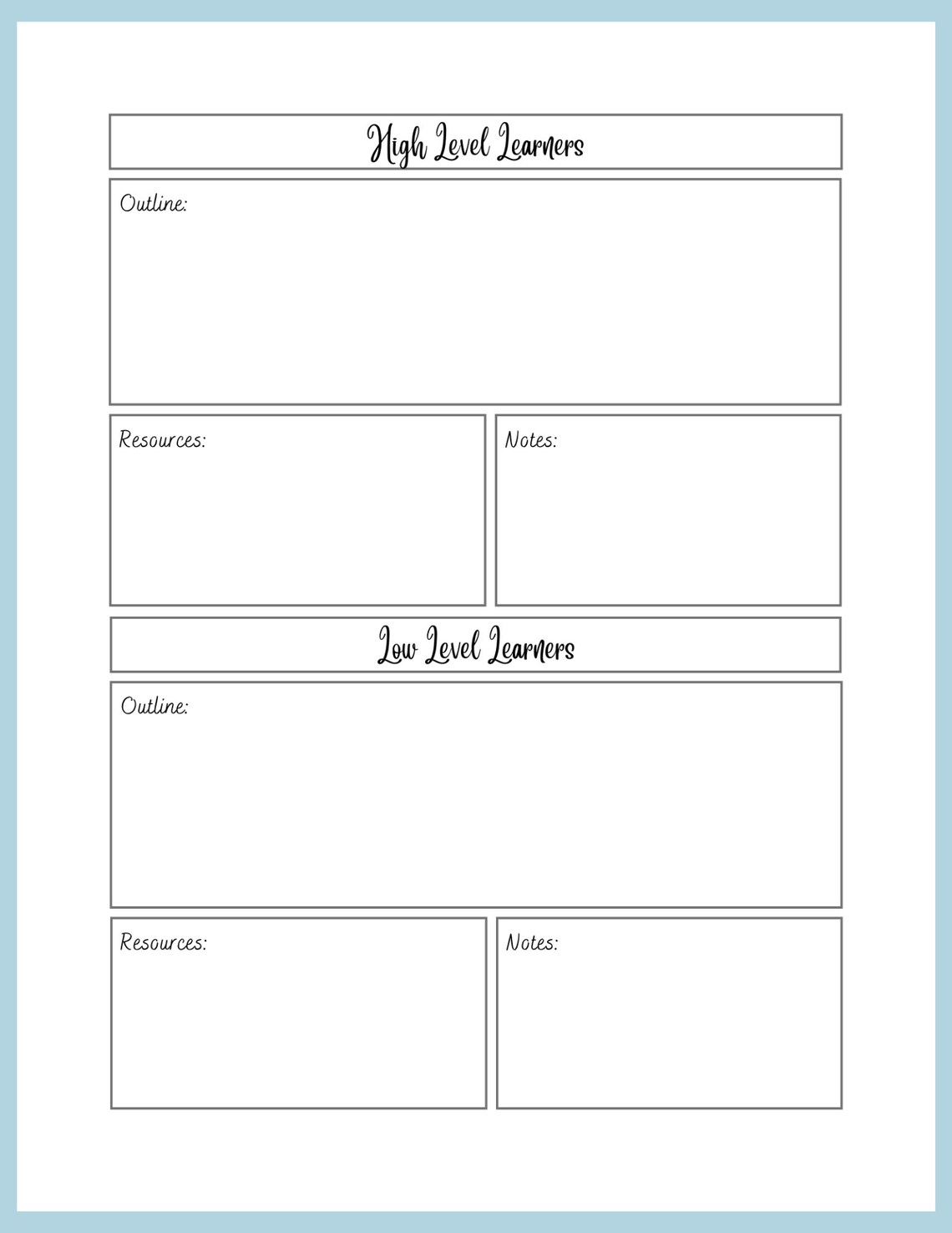 Lesson Plan Template Simple Lesson Plan High & Low Level - Etsy