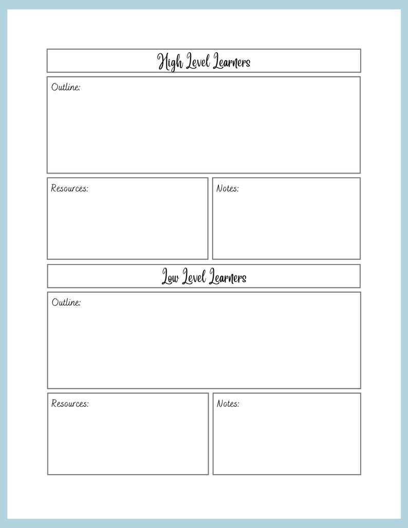 Lesson Plan Template Simple Lesson Plan High & Low Level - Etsy