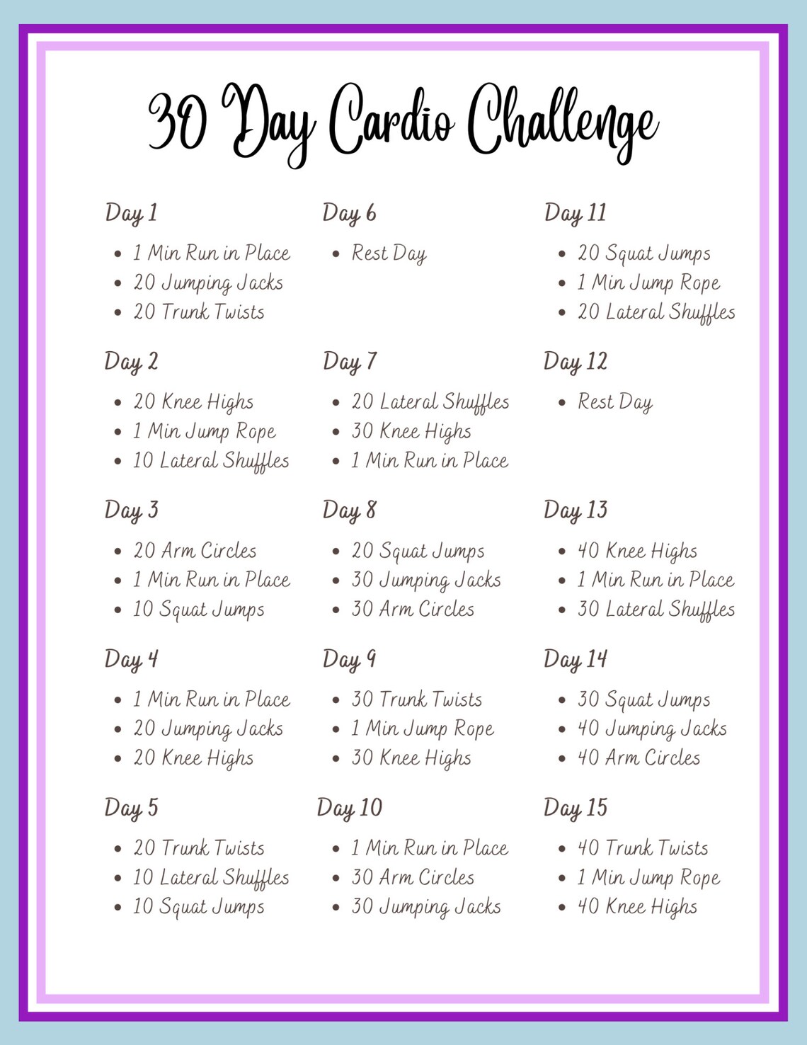 30 Day Cardio Challenge Exercise Challenge Perfect for - Etsy