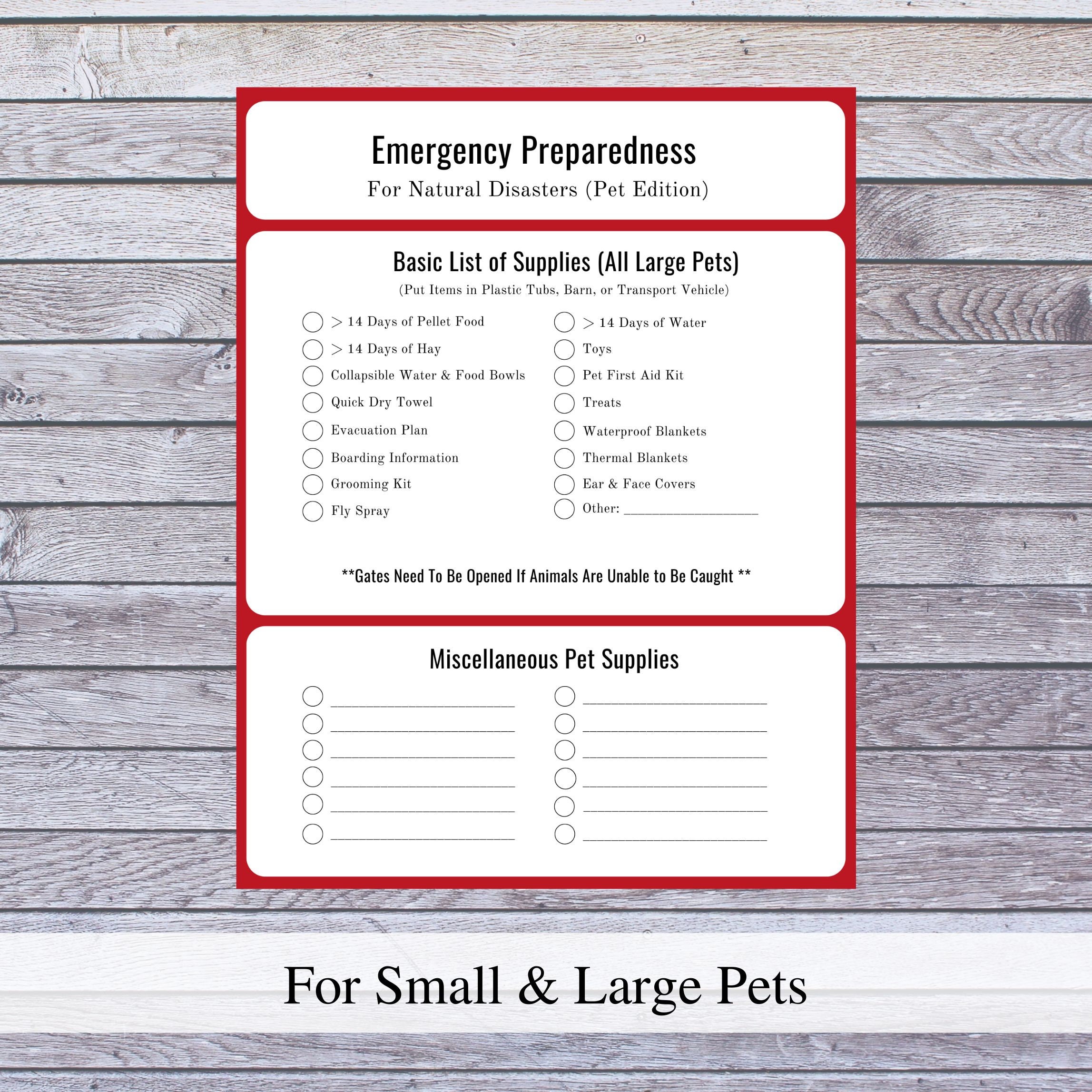 Emergency Preparedness List, Pet Edition, Large & Small Pets, Natural ...