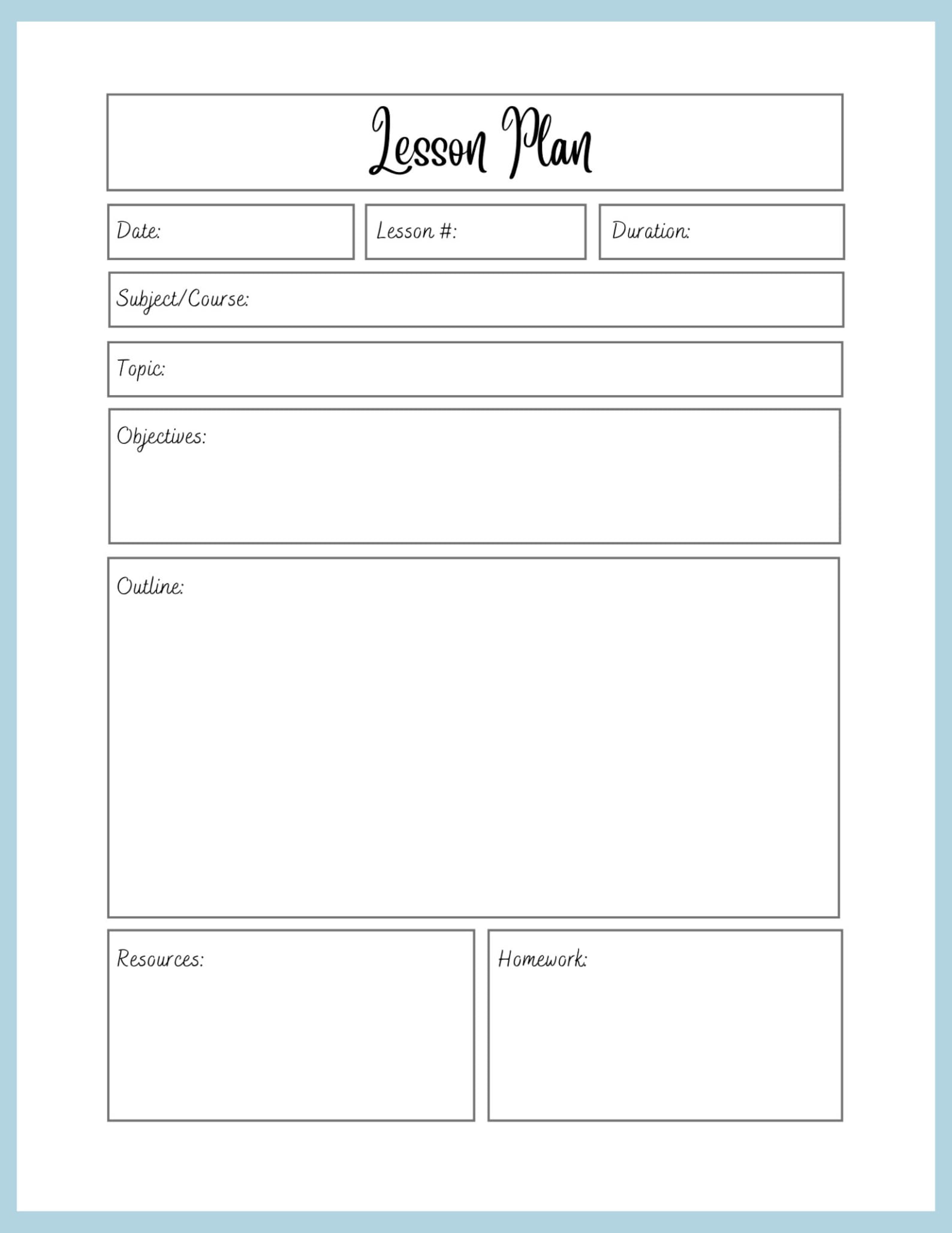 Lesson Plan Template Simple Lesson Plan High & Low Level - Etsy