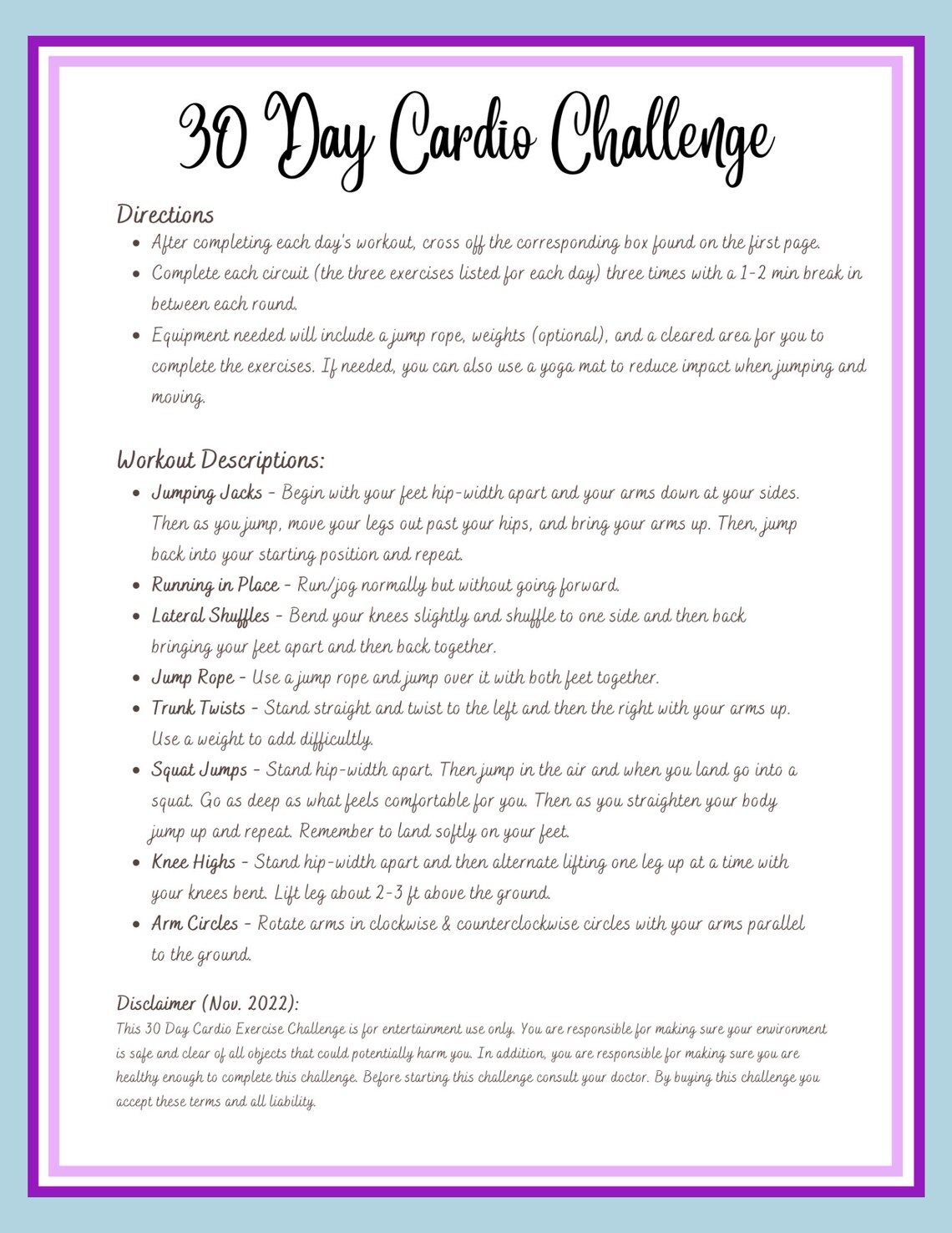 30 Day Cardio Challenge Exercise Challenge Perfect for - Etsy
