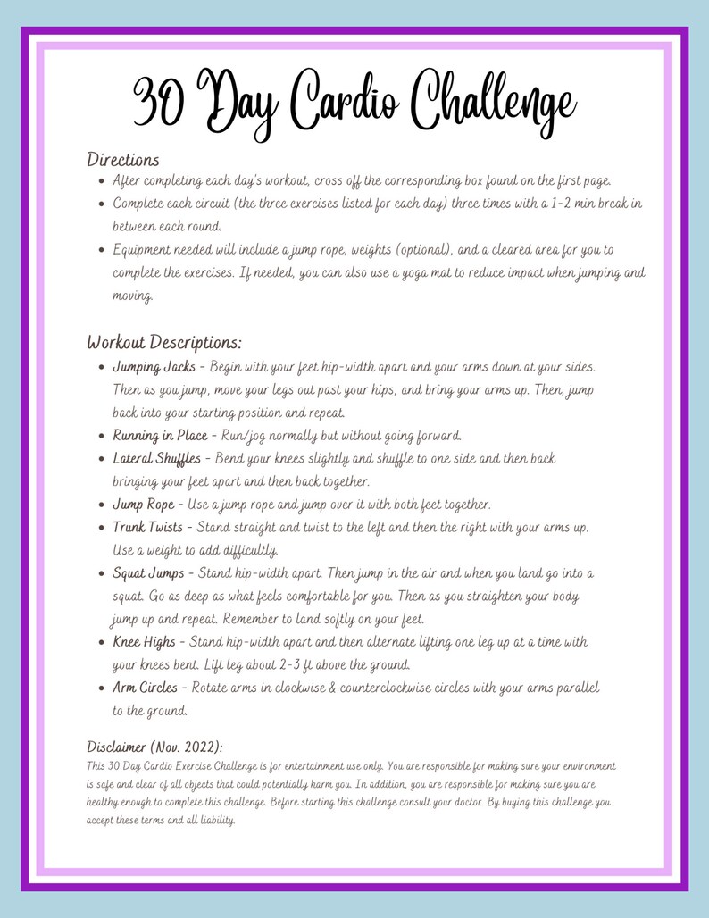 30 Day Cardio Challenge Exercise Challenge Perfect for - Etsy