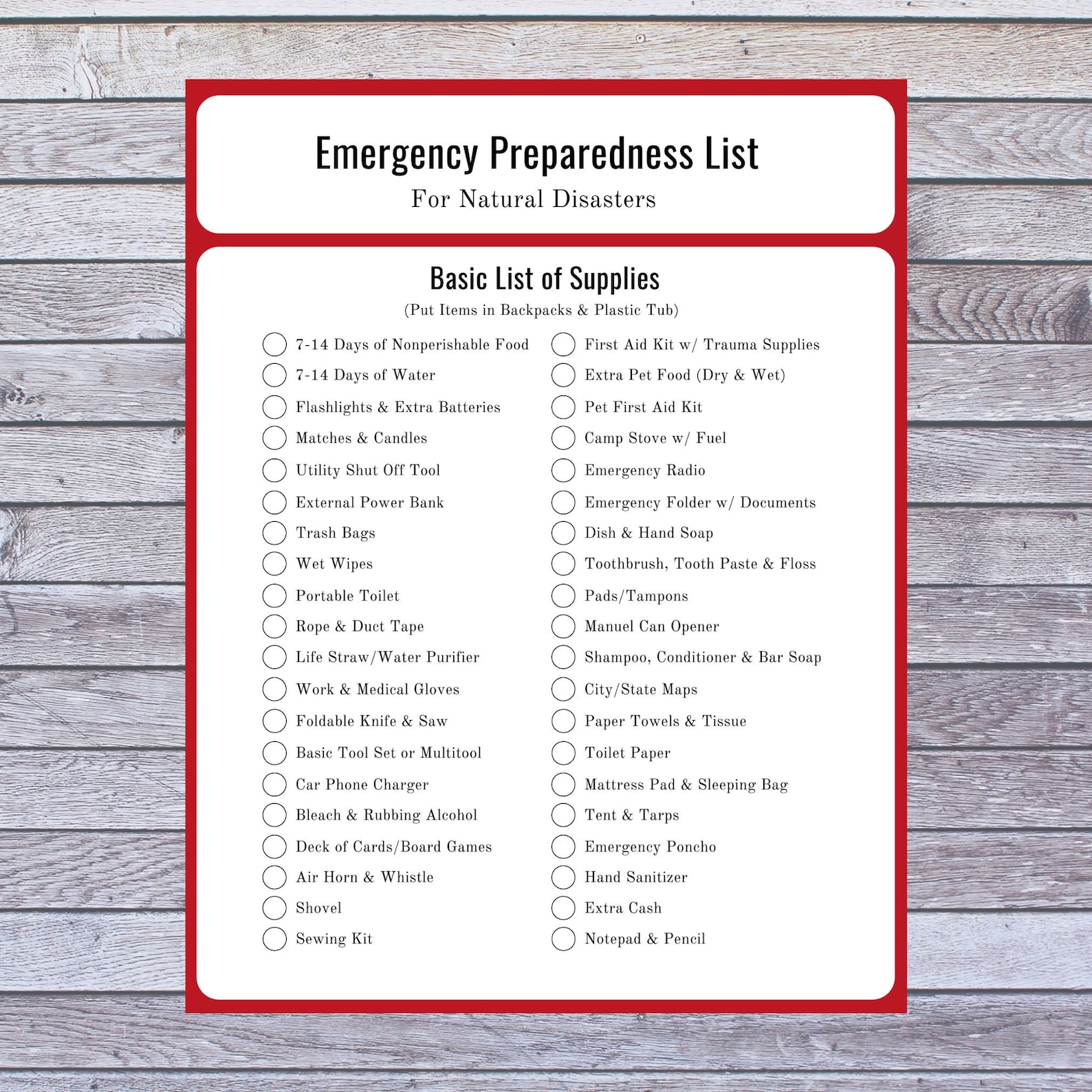 Emergency Preparedness List: Natural Disaster Supplies (digital ...