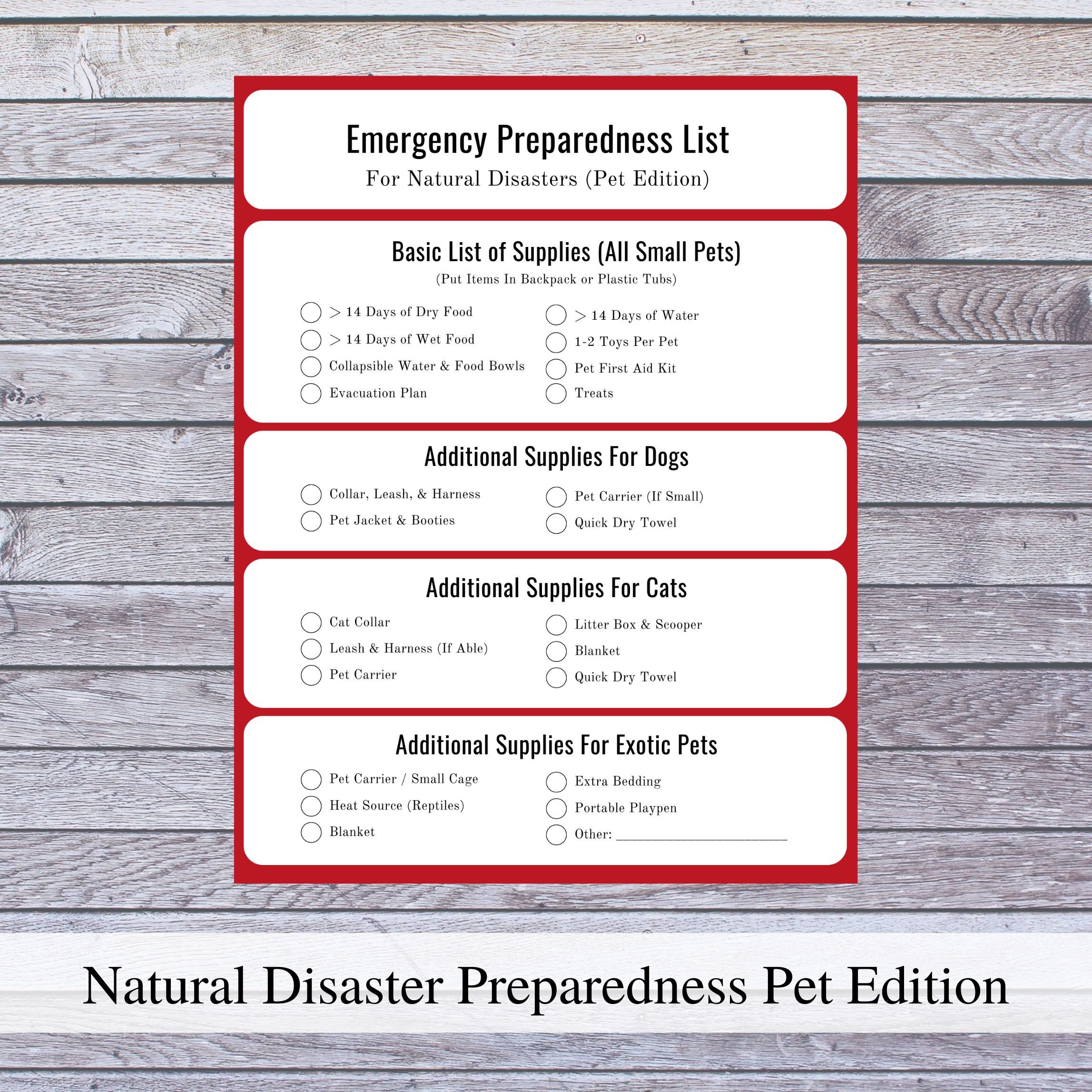 Emergency Preparedness List, Pet Edition, Large & Small Pets, Natural ...