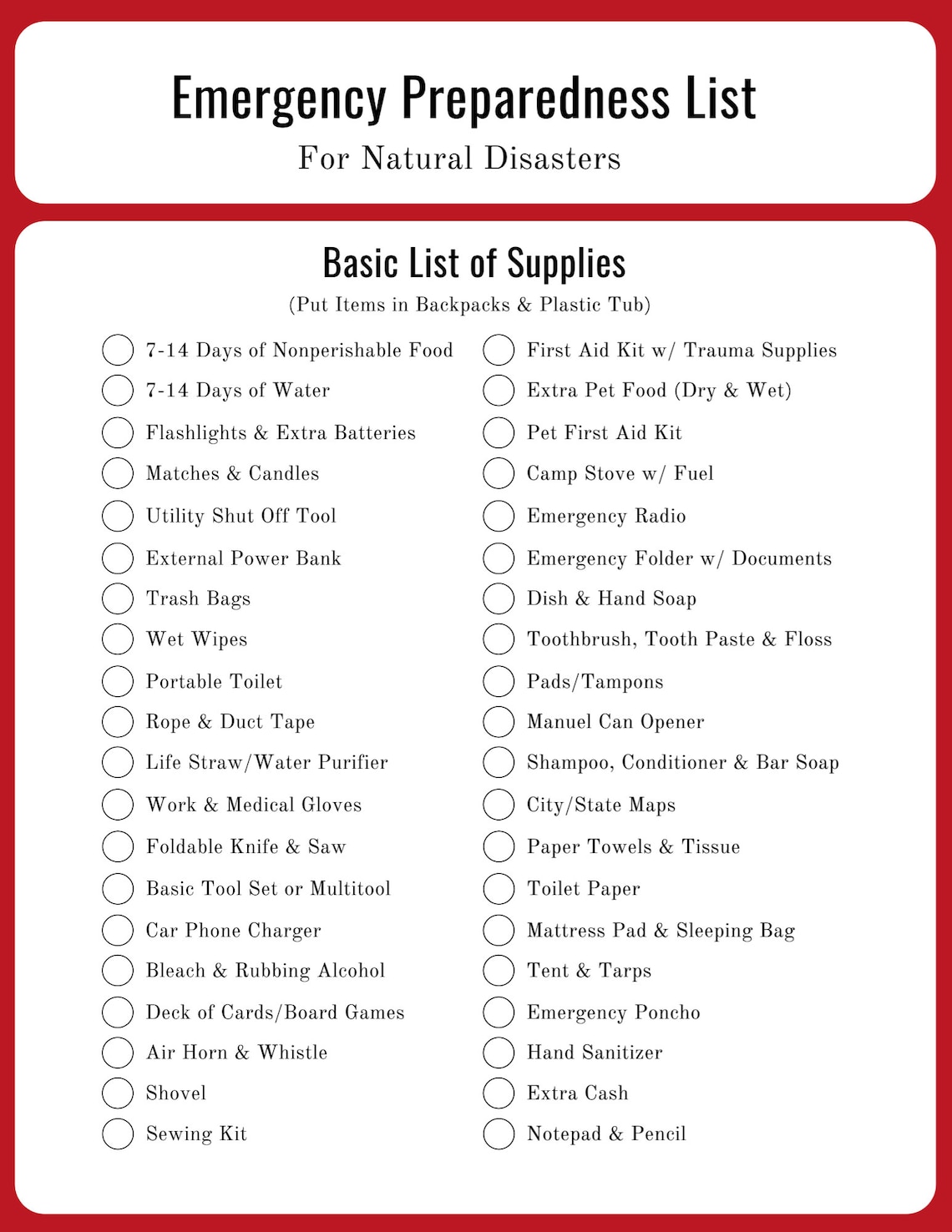 Emergency Preparedness List Natural Disasters Basic - Etsy