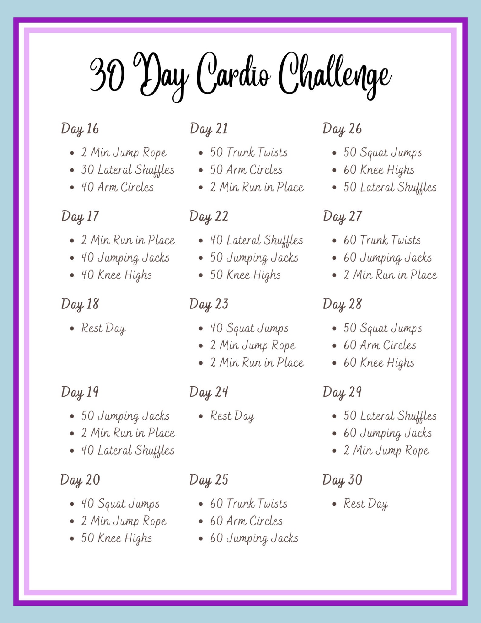 30 Day Cardio Challenge Exercise Challenge Perfect for - Etsy