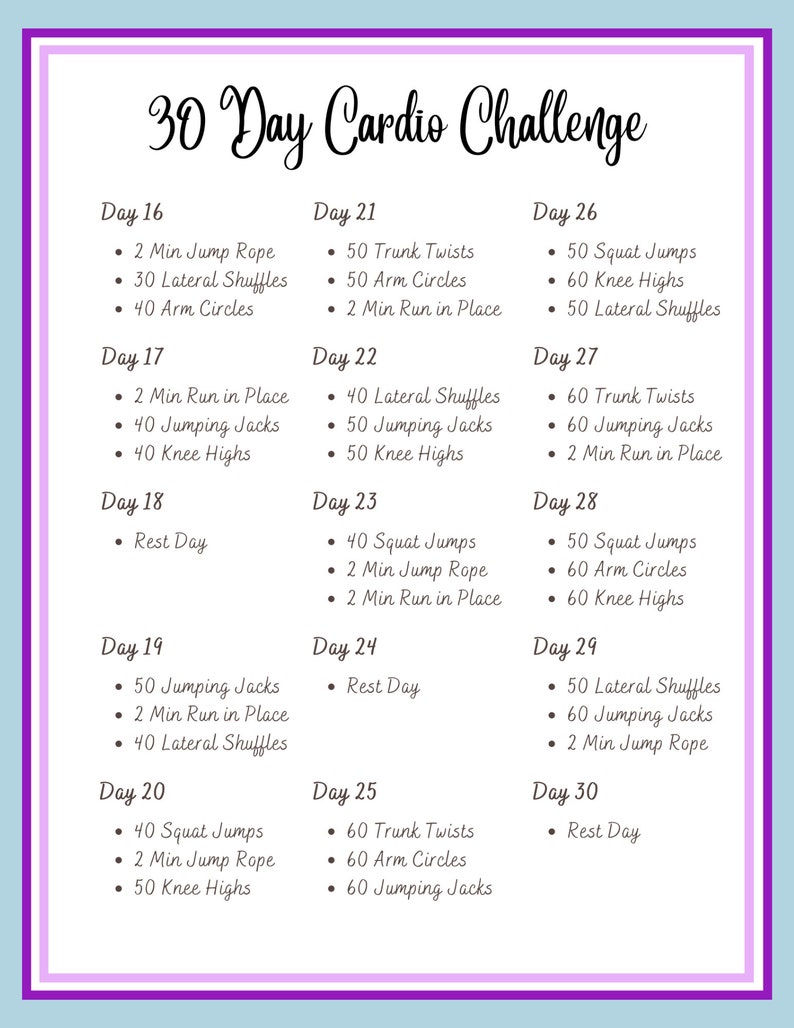 30 Day Cardio Challenge Exercise Challenge Perfect for - Etsy