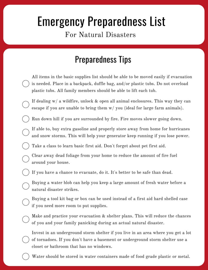 Emergency Preparedness List Natural Disasters Basic - Etsy