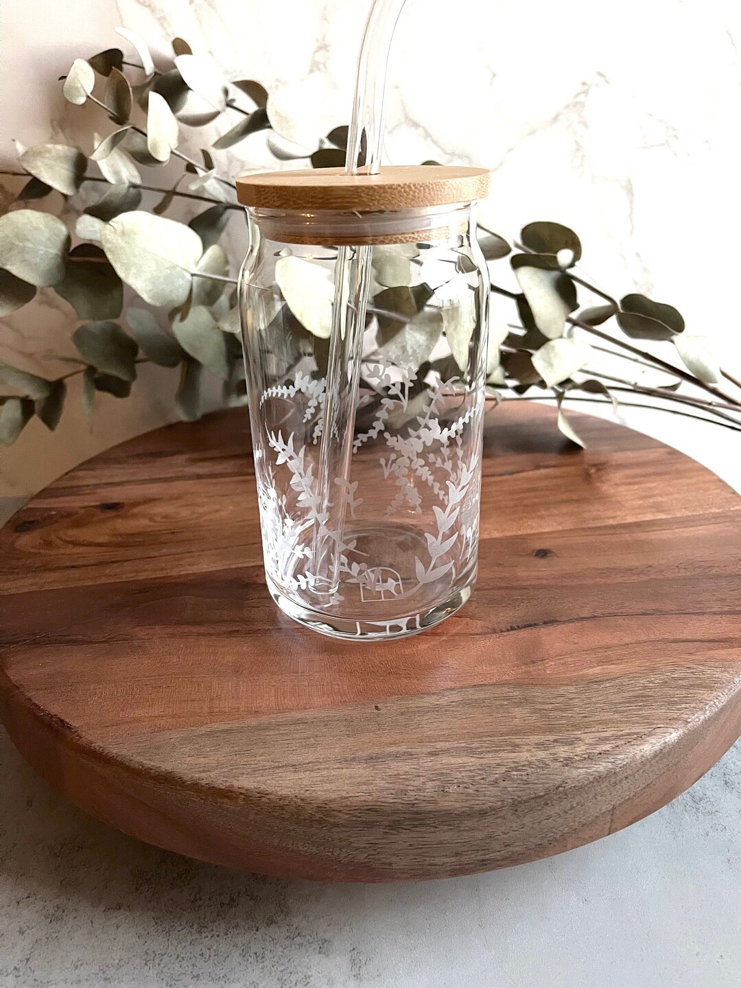 Botanical Glass Cup Glass Straw & Bamboo Lid Leaves Etch Nature Glass ...