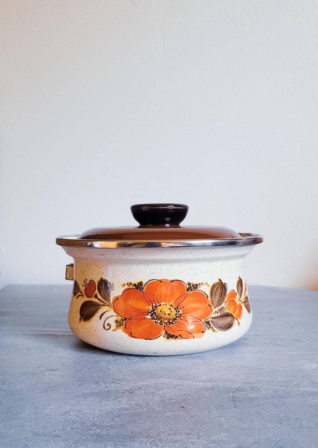 Mid Century Porcelain Clad Steel Saucepan, Cookware, Orange, Brown ...
