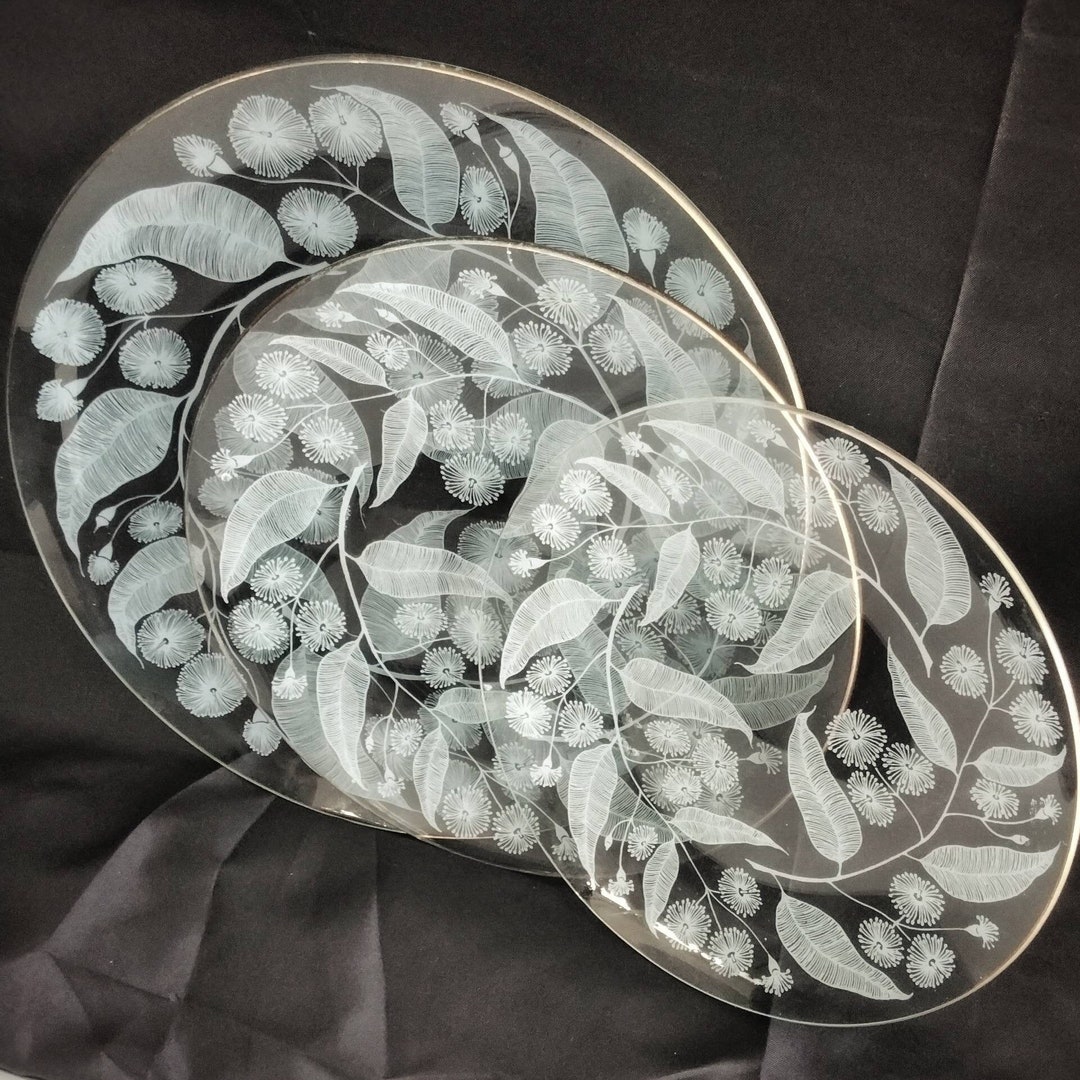 Vintage Chance Etched Glass Set of 3 Etched Glass Plates, Glass ...