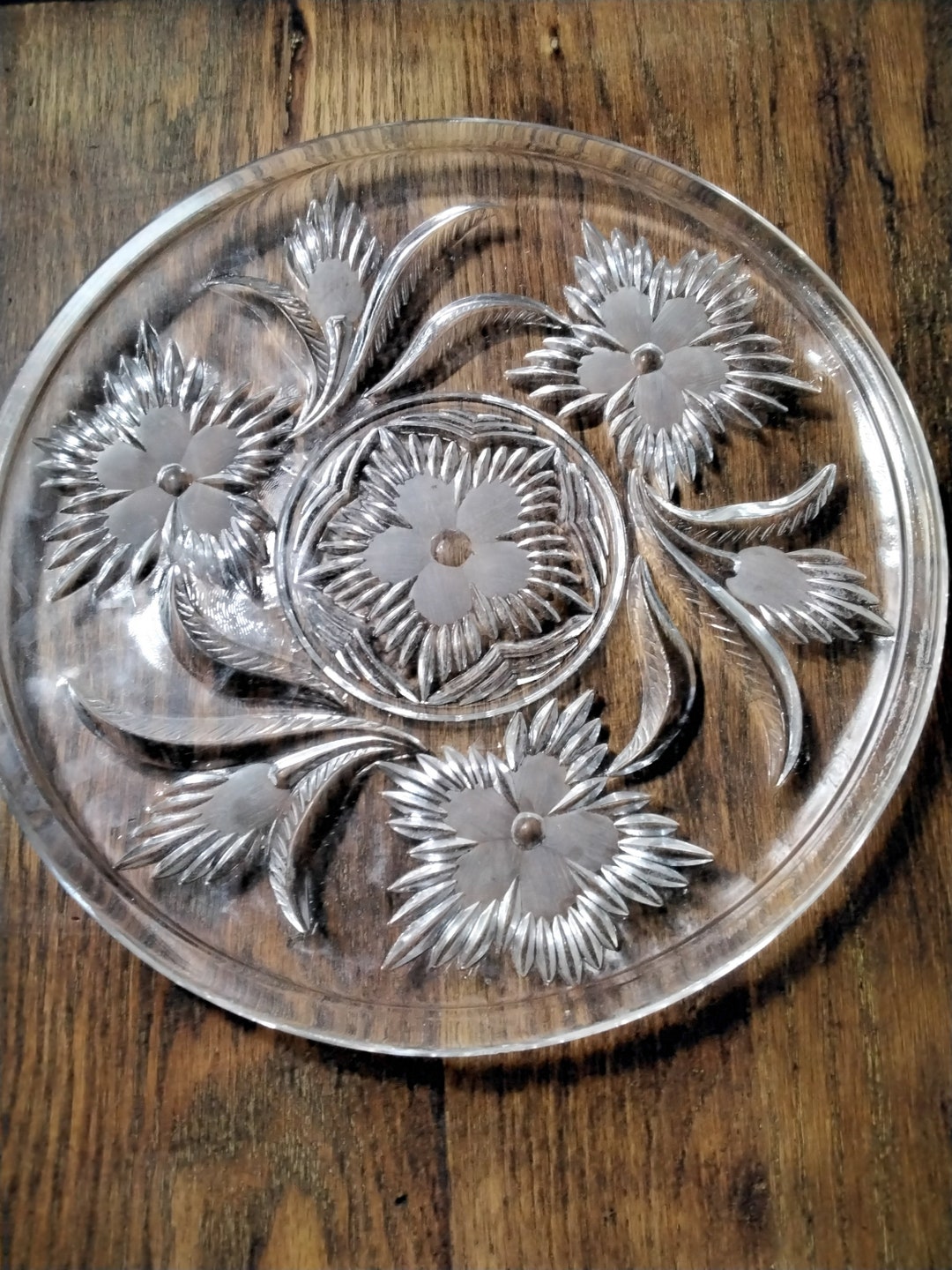 Vintage Glass Cake Plate Glass Plate Etched Glass Plate Sbl 2311 Etsy