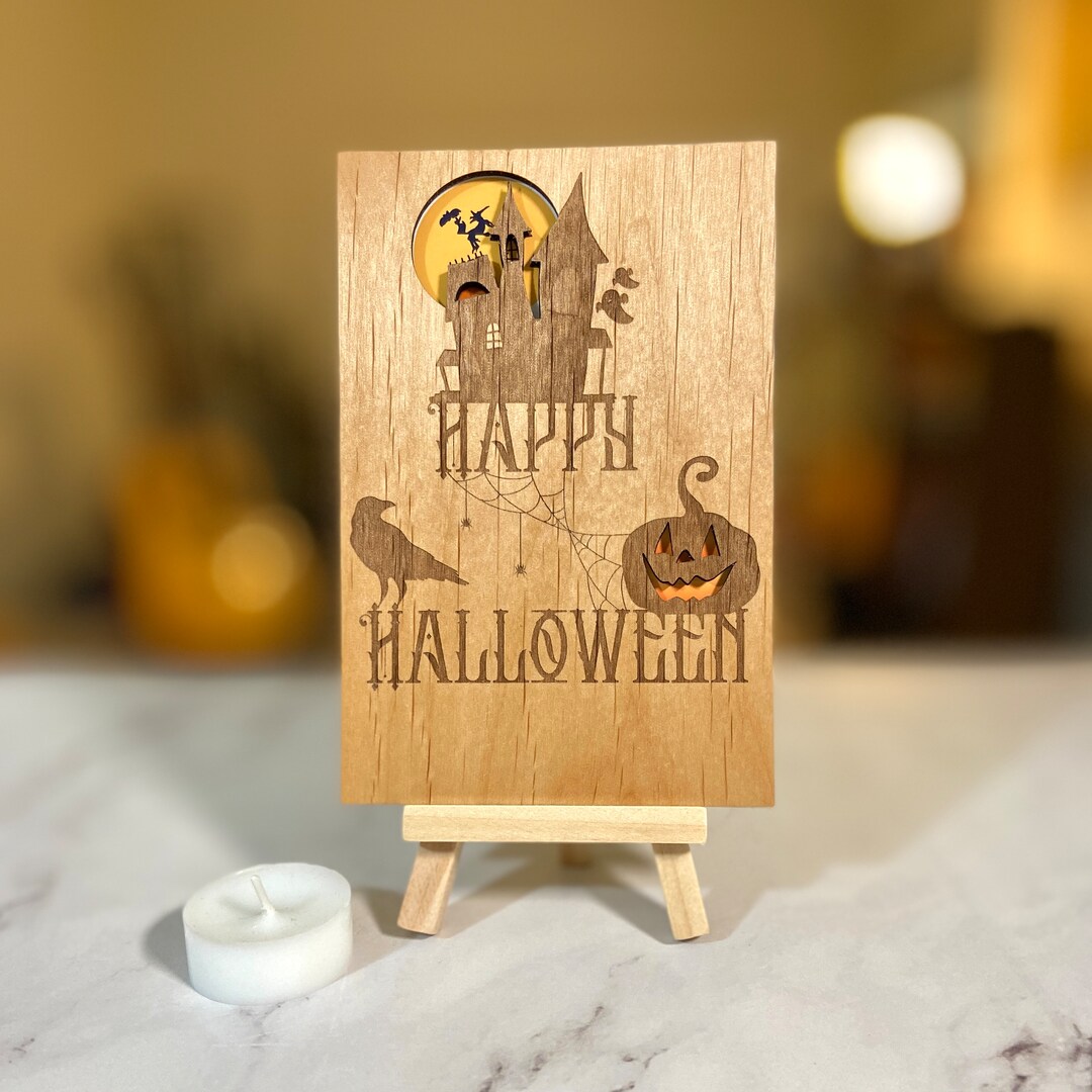 Happy Halloween Holiday Card Witches and Castles Wood Card, Pumpkin and ...