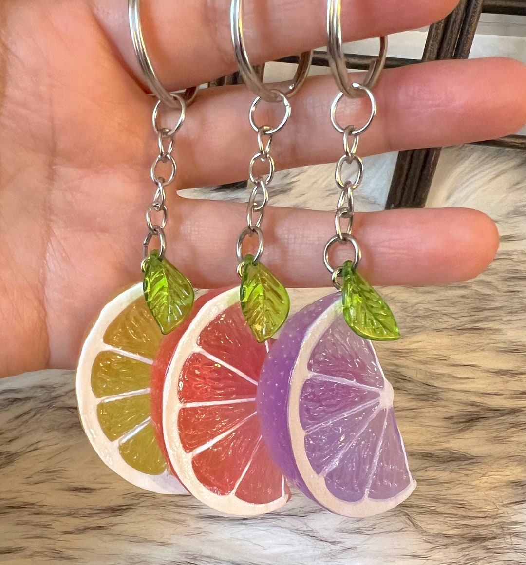 Fruit Slice Keychain Half Slice Citrus Lemon / Lime / Grapefruit / Blue ...
